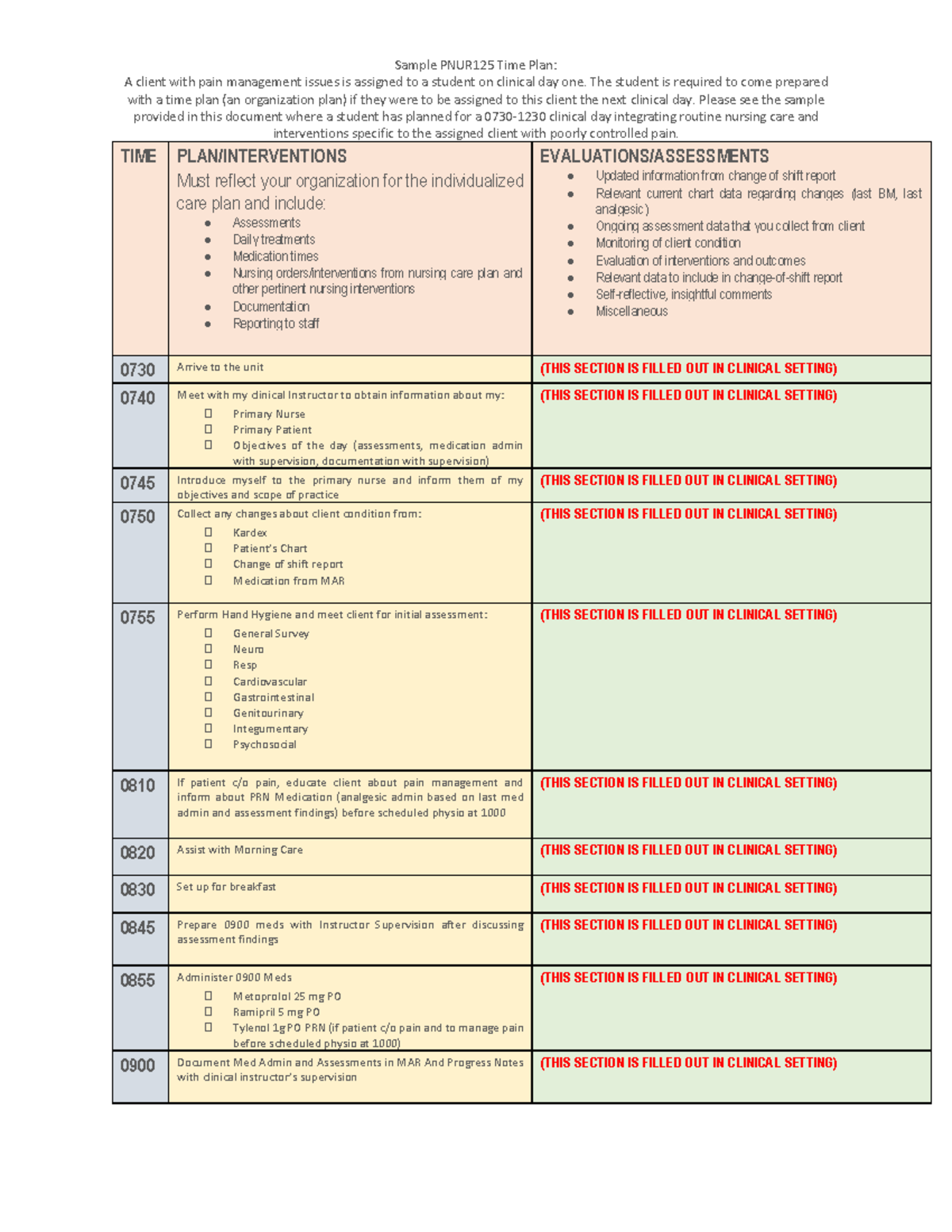 W21 Sample Time Plan - Extra Practice - Sample PNUR125 Time Plan: A ...