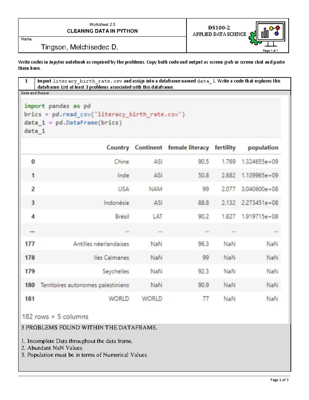DS100-2 WS 2 - Helpful - Page 1 of 3 W orksheet 2. CLEANING DATA IN PYTHON DS100- APPLIED DATA ...