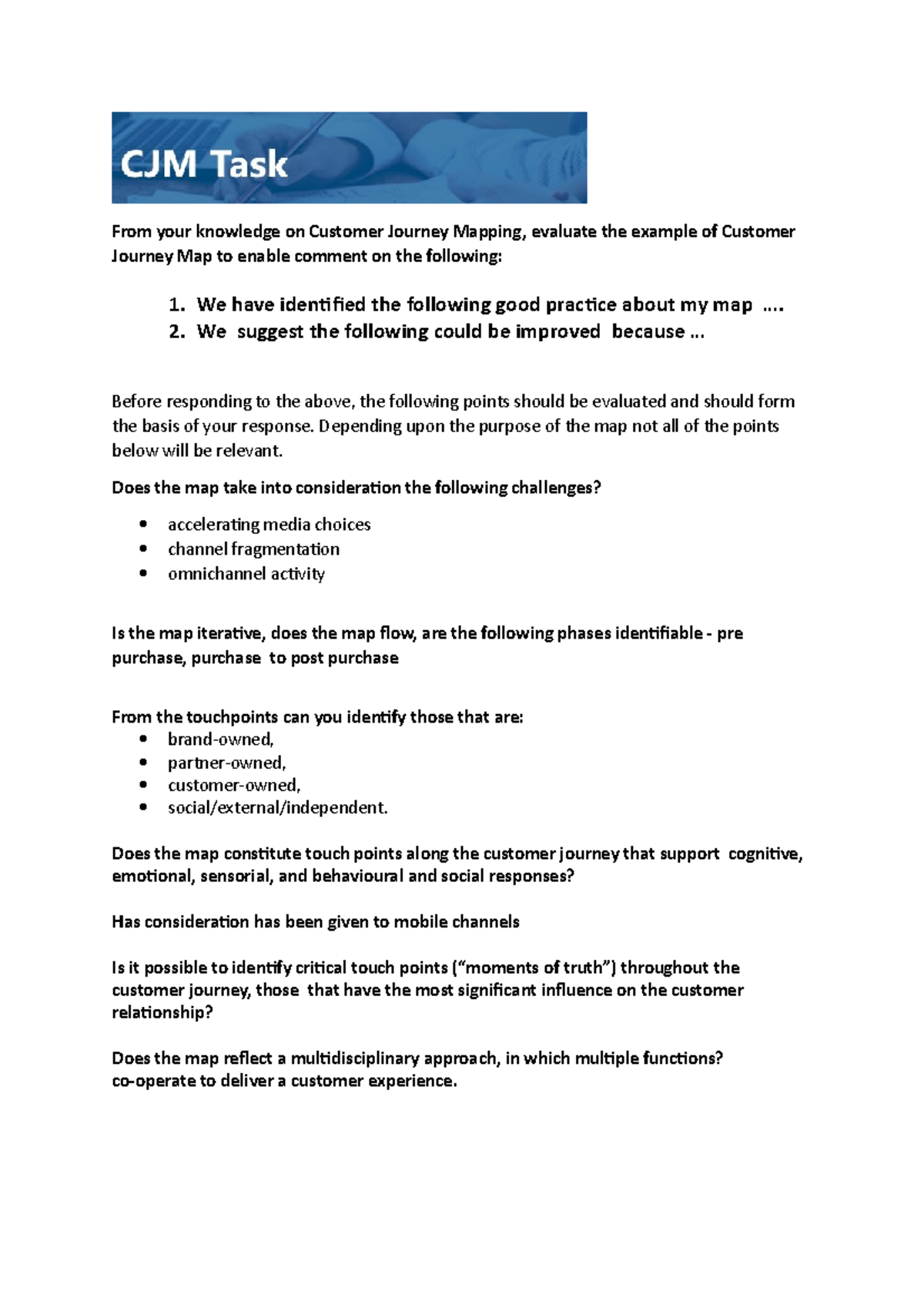CJ Maps Evaluation Task - From your knowledge on Customer Journey ...