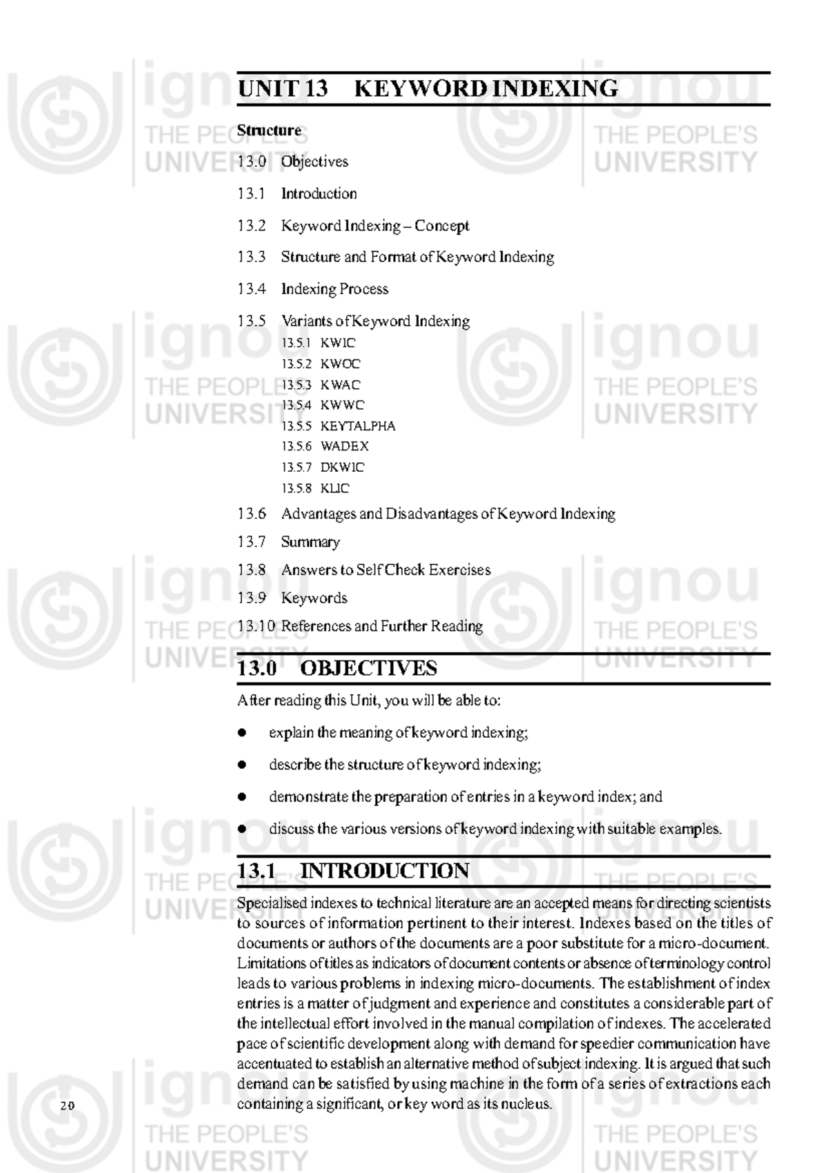 Unit-13 - UNIT 13 KEYWORD INDEXING Structure 13 Objectives 13 Introduction 13 Keyword Indexing ...