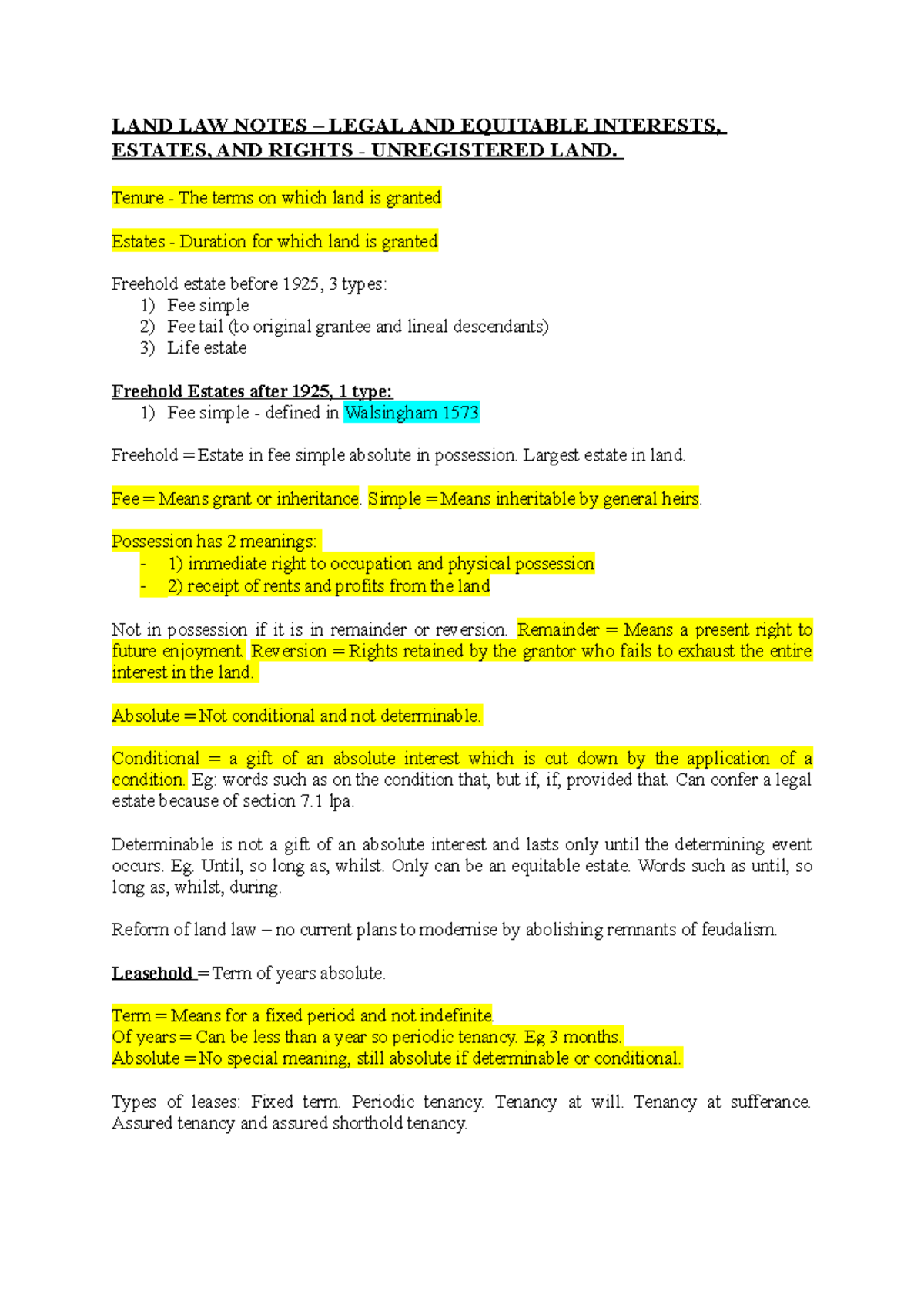LAND LAW - Legal AND Equitable Interests, Estates, AND Rights ...