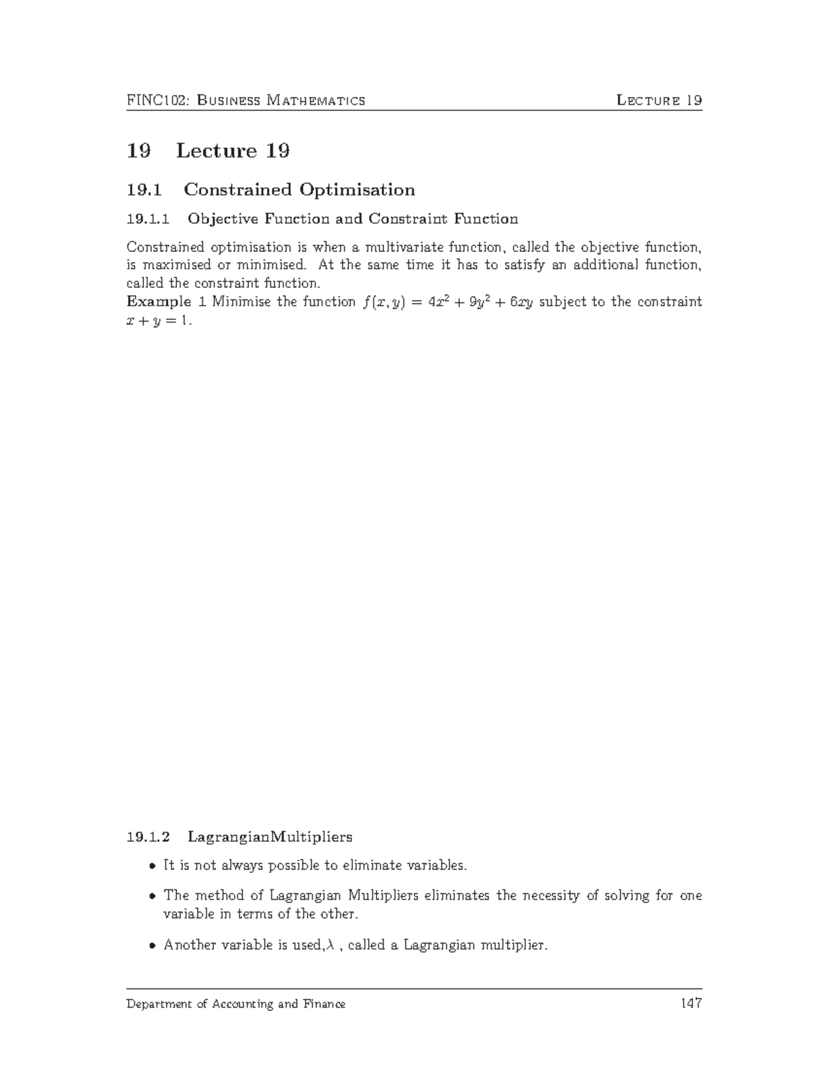 FINC102- Lecture 19 - FINC102:Business Mathematics Lecture 19 19 ...