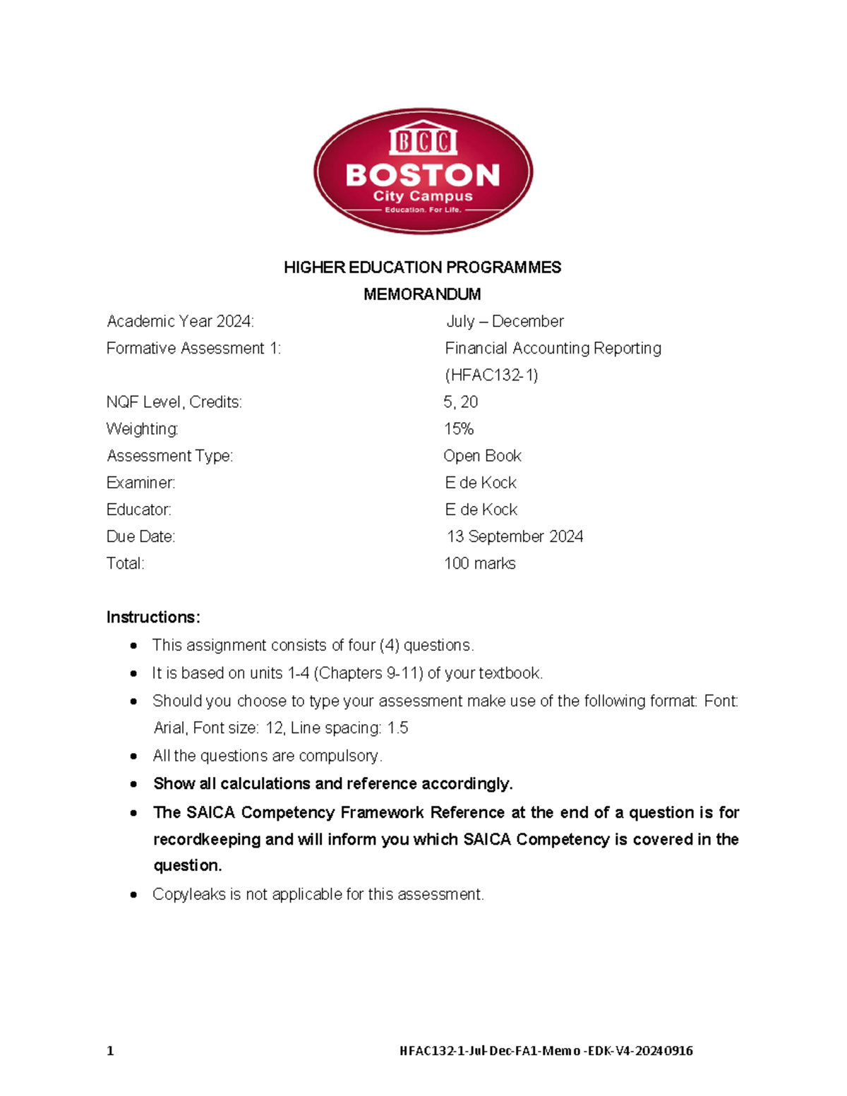 HFAC132 1 Jul Dec2024 FA1 Memo EDK V4 20240916 - HIGHER EDUCATION ...