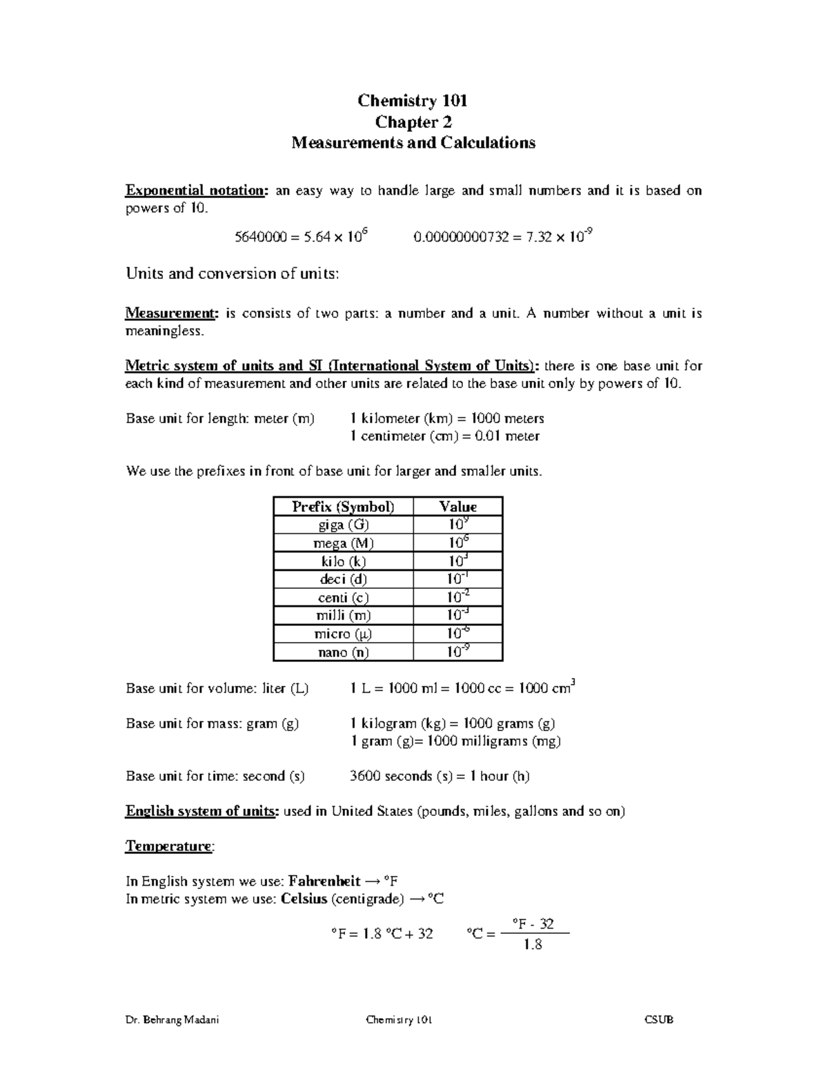 Lecturenote 2 - Chemistry 101 Chapter 2 Measurements and Calculations ...