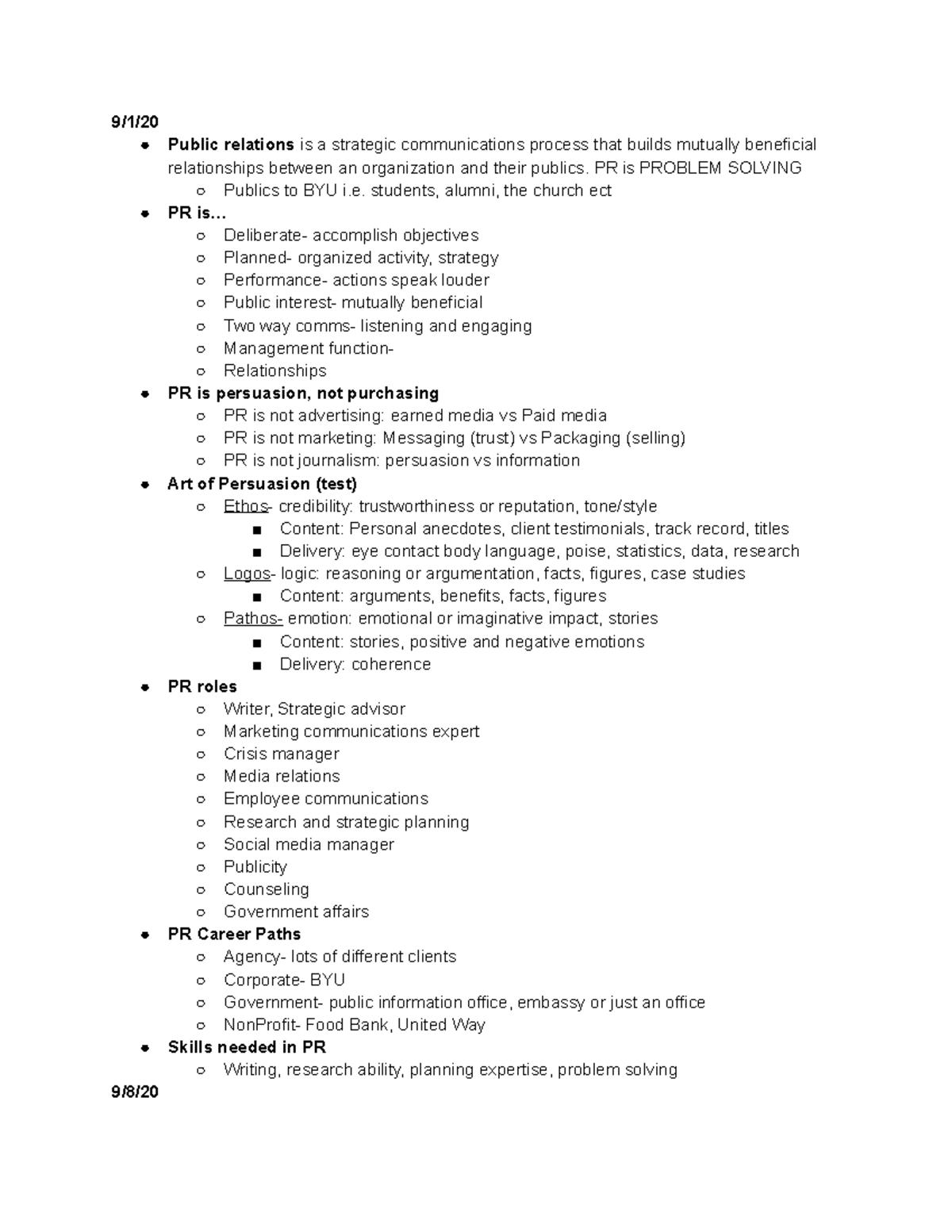 COMMS 235 intro to PR notes - 9/1/ Public relations is a strategic ...