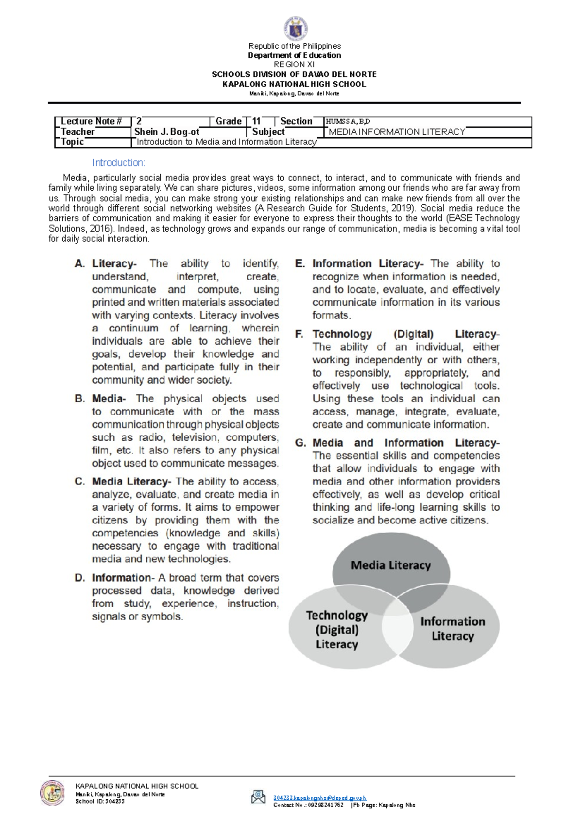 MIL Lecture Notes 2 - Lecture Note # 2 Grade 11 Section HUMSS A, B,D ...