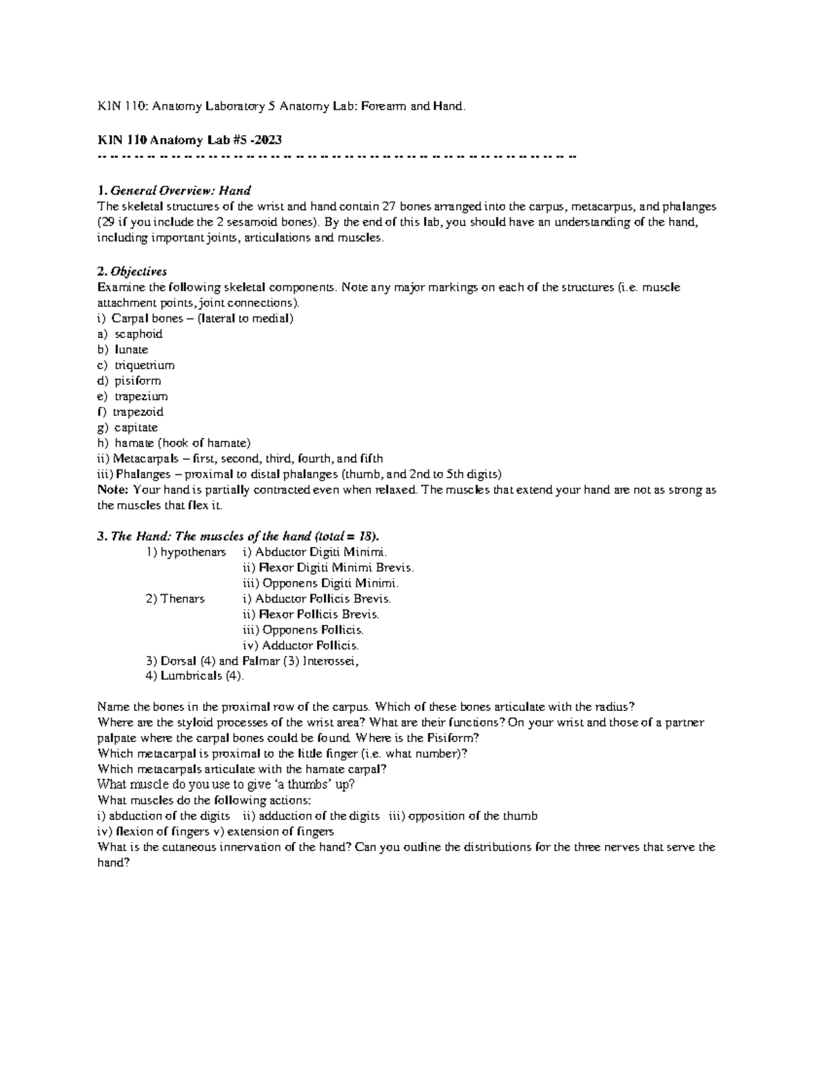 Laboratory 5 KIN110 2023 - KIN 11 0: Anatomy Laboratory 5 Anatomy Lab ...