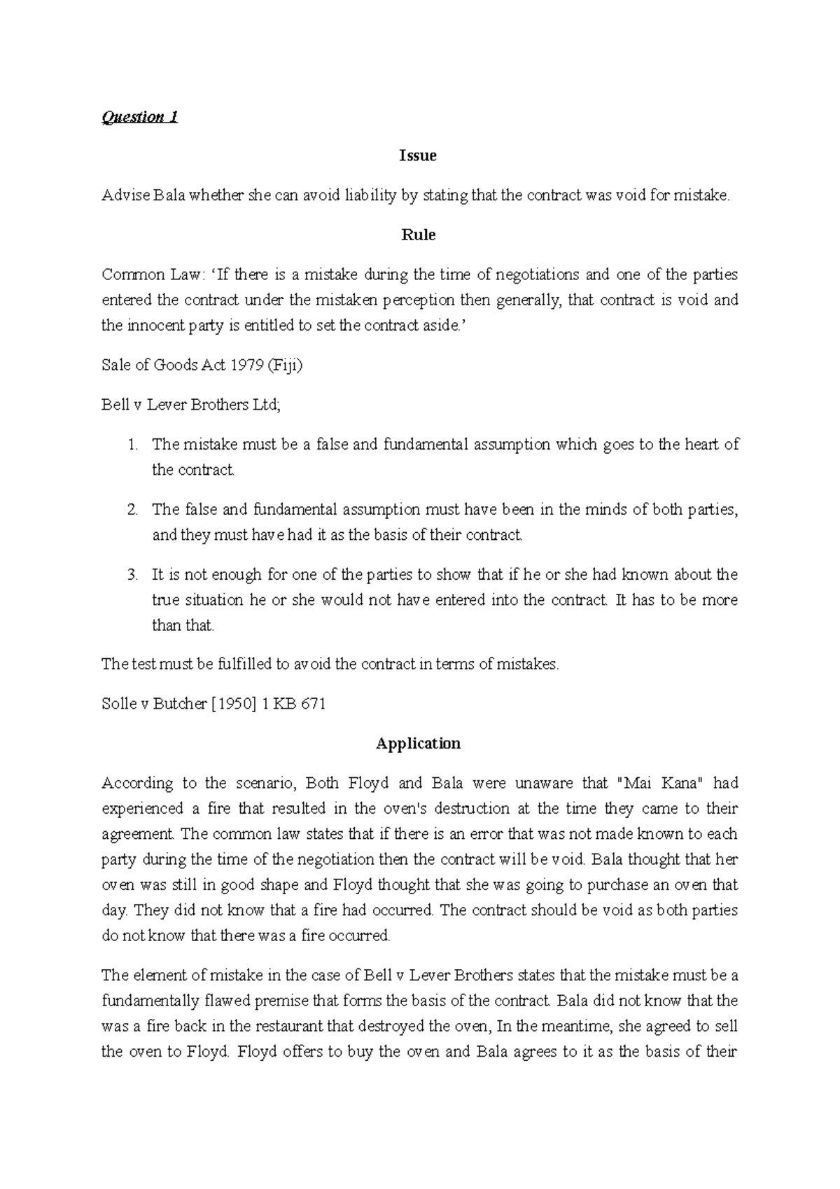 Week 6 Online Tutorial - Question 1 Issue Advise Bala whether she can avoid liability by stating ...