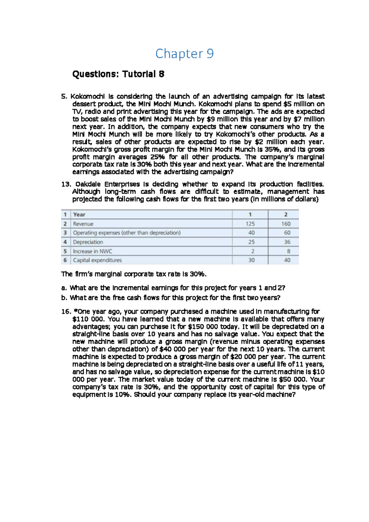 FINA1221 Introduction To Finance Tutorial 8 questions - Chapter 9 ...