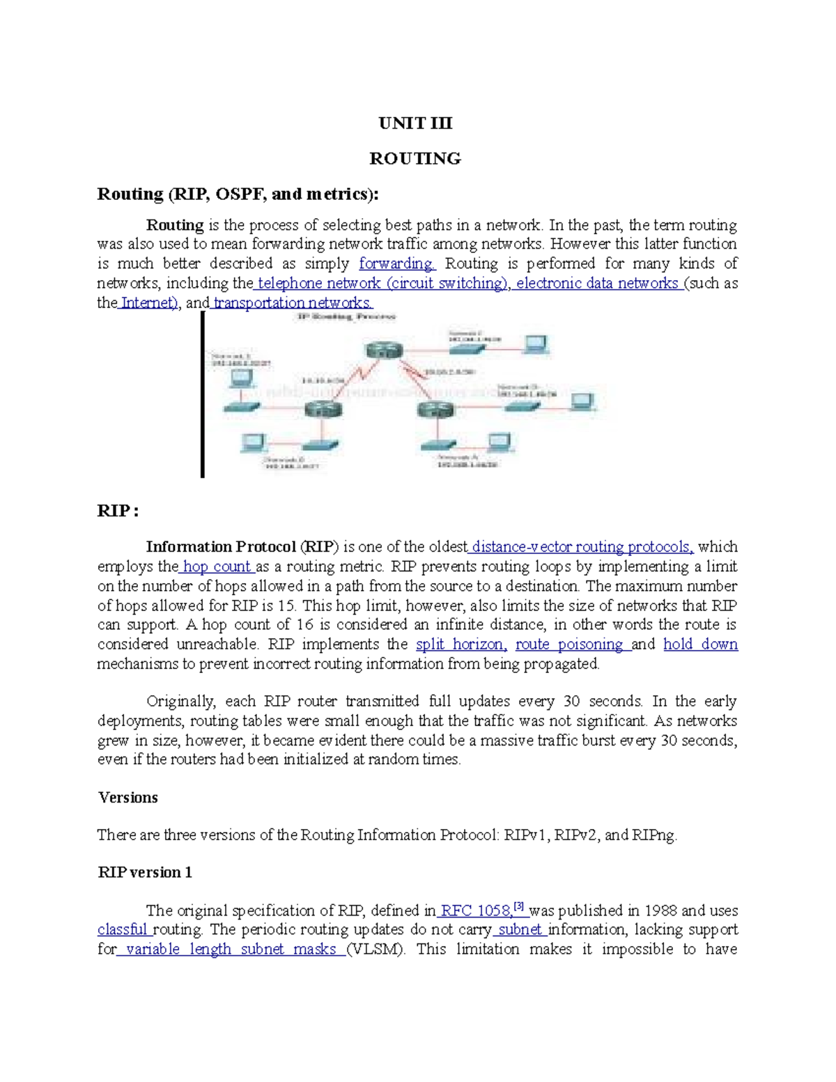 Routing Unit3 - UNIT III ROUTING Routing (RIP, OSPF, and metrics): Routing is the process of ...