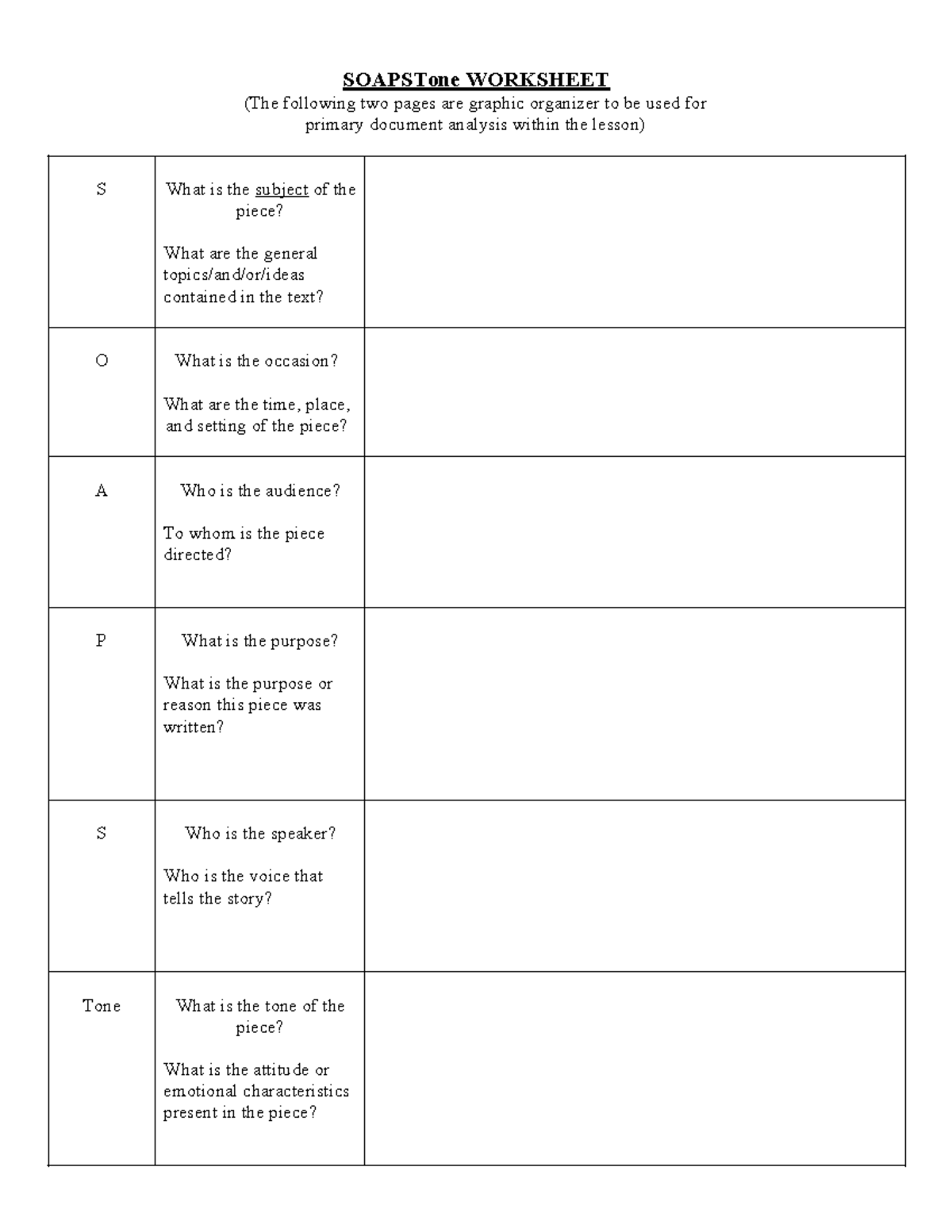 SOAPST one WORKSHEET - SOAPSTone WORKSHEET (The following two pages are ...