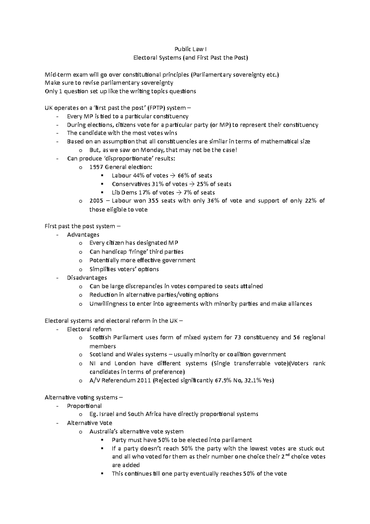 Public Law I 04 Lecture Notes Public Law I Electoral Systems And First Past The Post Mid