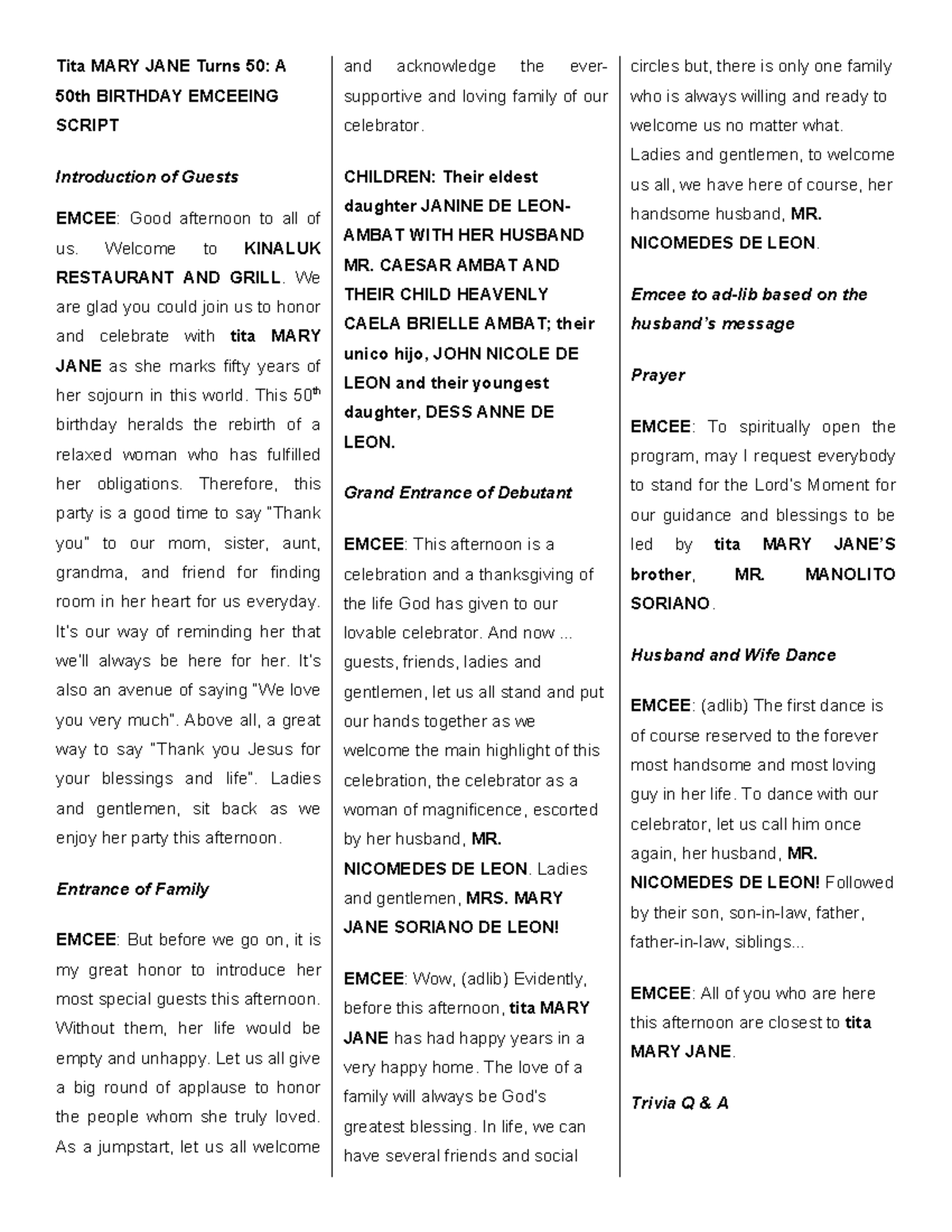 Birthday Script FOR Emcee - Tita MARY JANE Turns 50: A 50th BIRTHDAY ...
