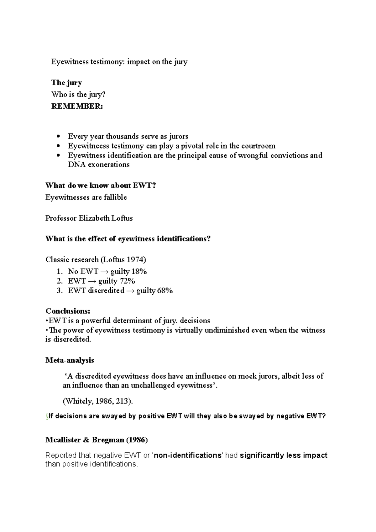 Criminal justice system lectures part 2 - Eyewitness testimony: impact ...