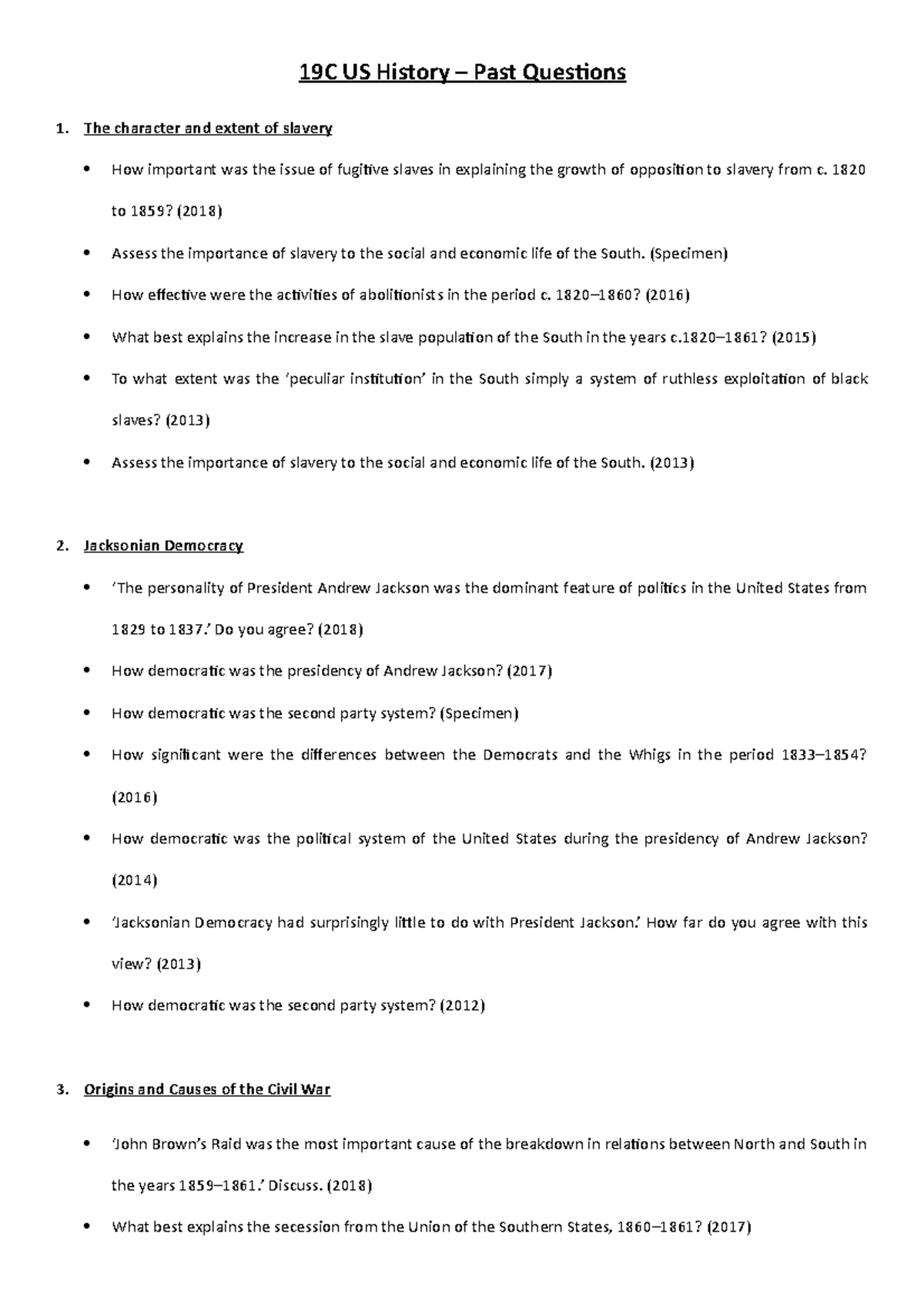 19C US History - all questions - 19C US History – Past Questions The ...