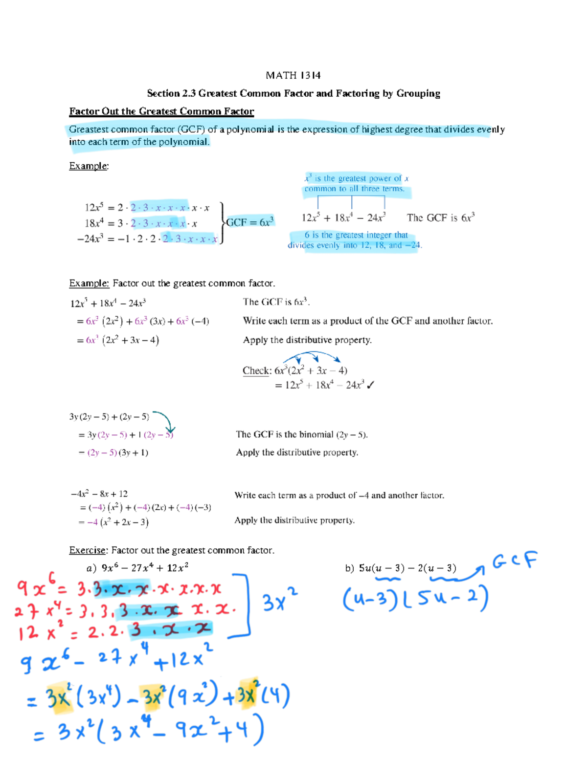 Section 2.3 GCF and Factoring by Grouping Edited - MATH 1314 Section 2 ...
