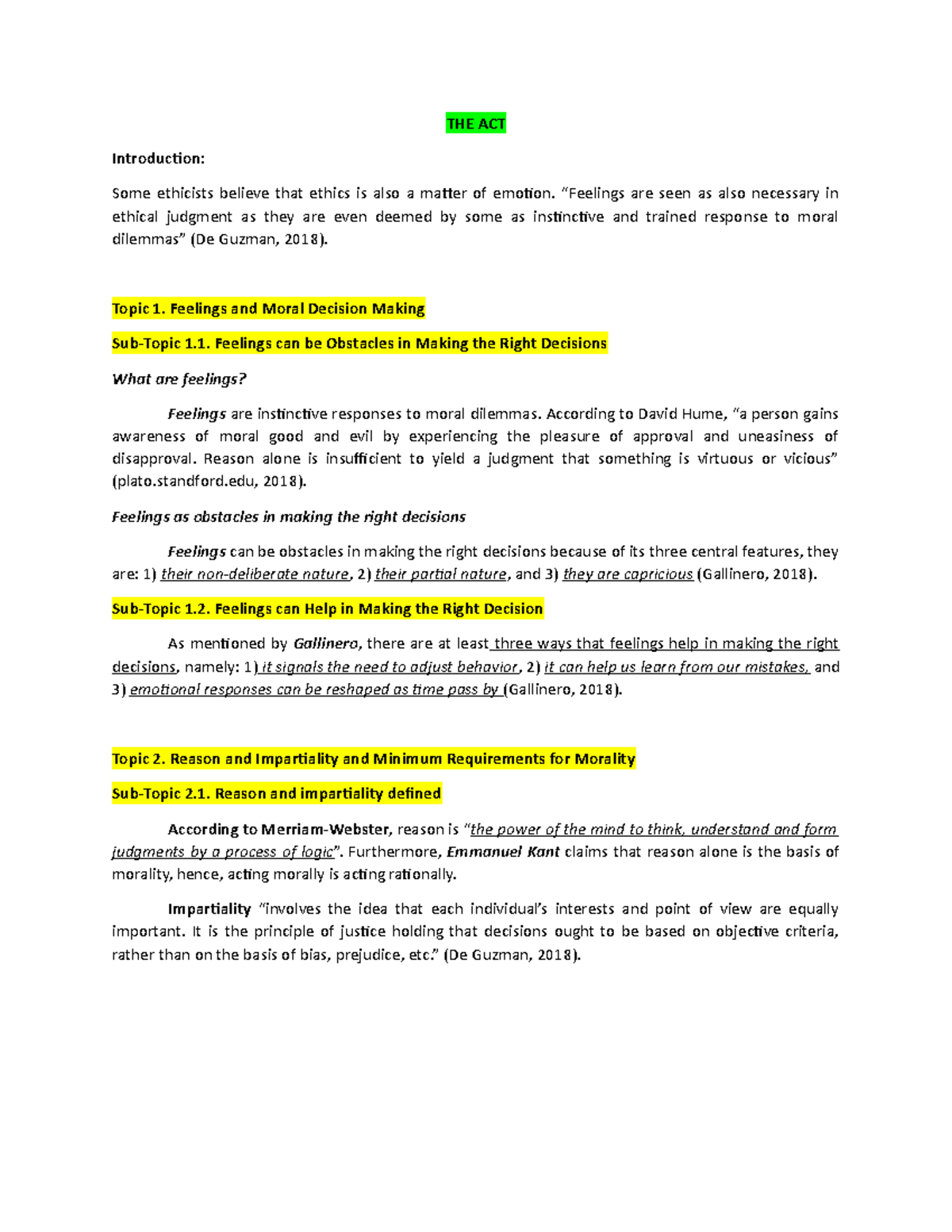 Study Guide Ethics (Module 3) - THE ACT Introduction: Some ethicists ...