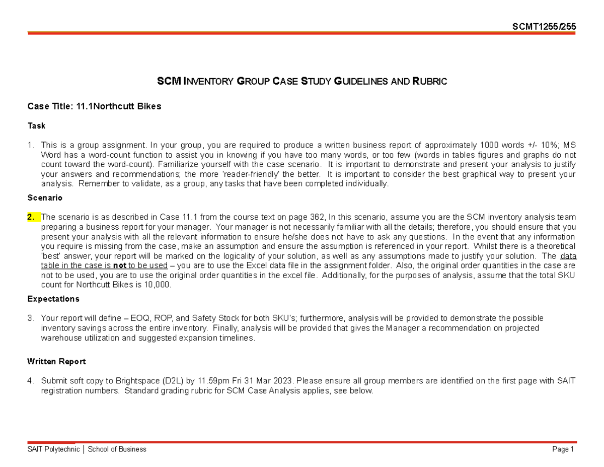 2023 SCMT255 Northcutt Bikes Group Case Study and Rubric-4 - SCMT1255 ...