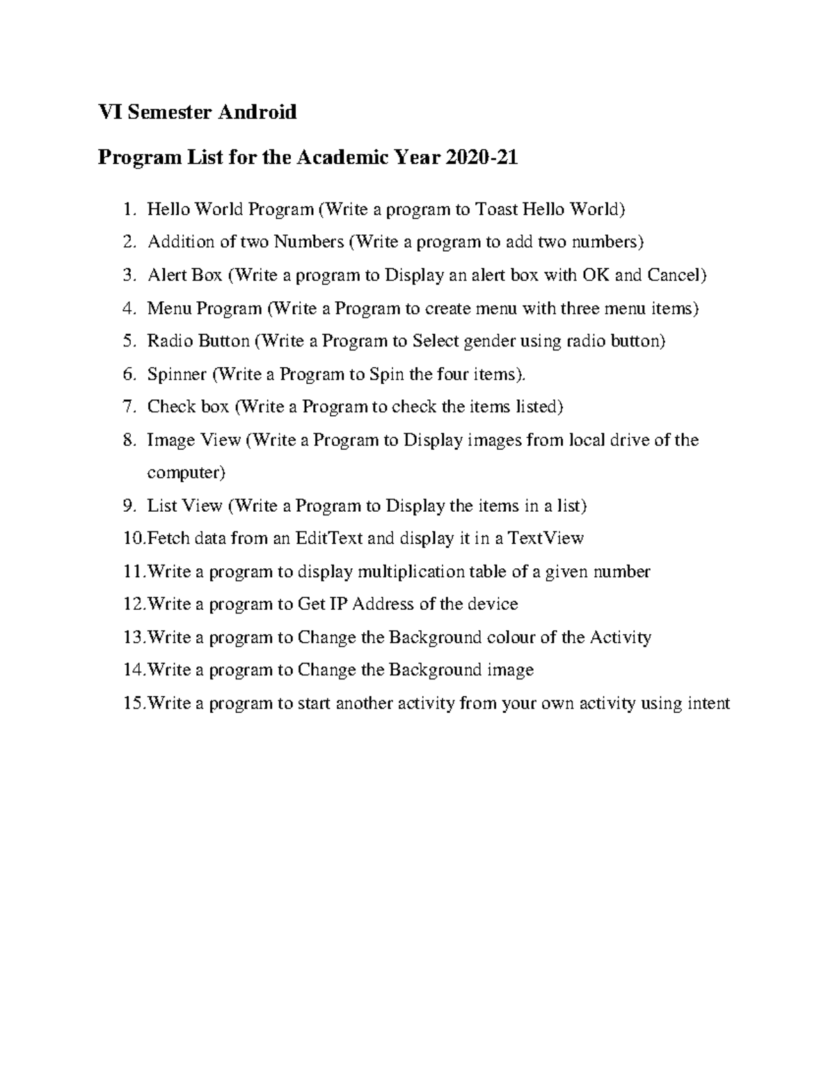 VI Sem Android - VI Semester Android Program List for the Academic Year ...
