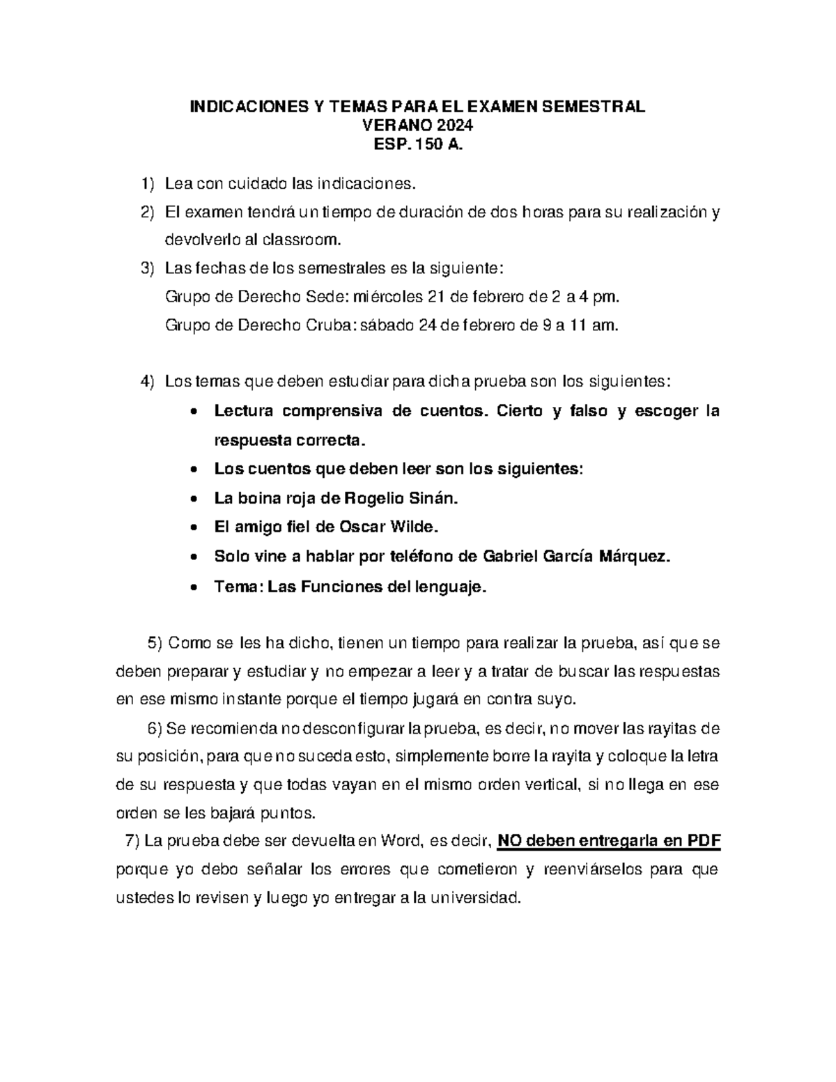Indicaciones Y Temas PARA EL Examen Verano 2024 150 A - INDICACIONES Y ...
