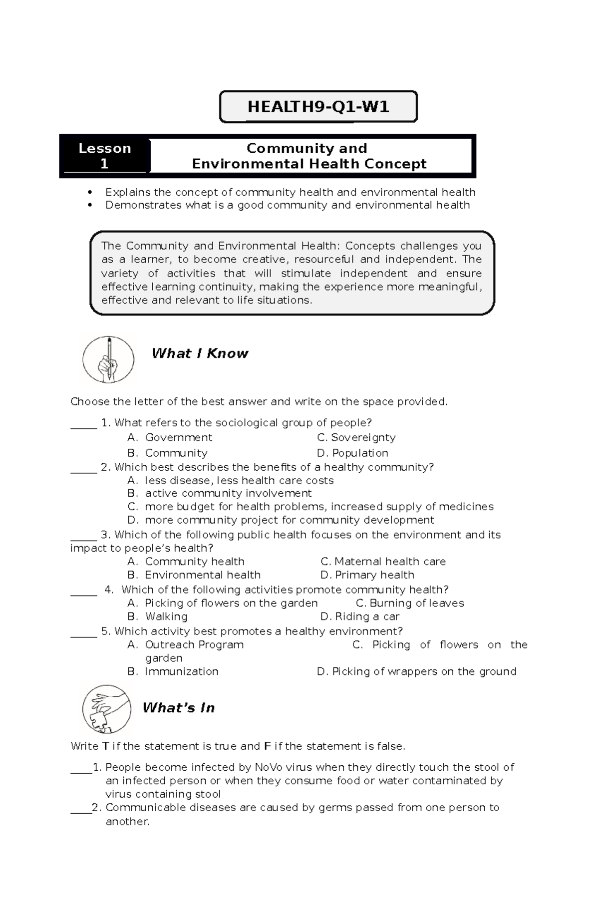 Health 9-Q1-M1 - Explains the concept of community health and ...
