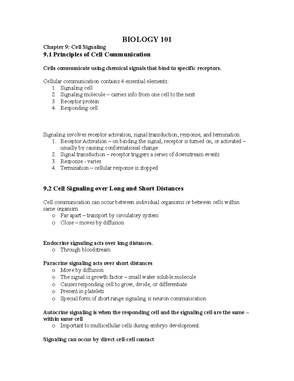 Biology 101 Chapter 9 - Lecture notes 9 - BIOLOGY 101 Chapter 9: Cell ...