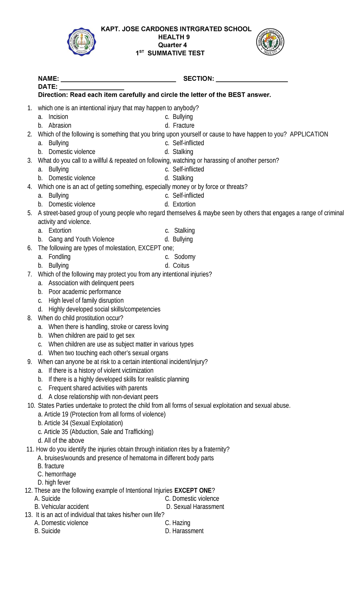 Health summative q4 - KAPT. JOSE CARDONES INTRGRATED SCHOOL HEALTH 9 ...
