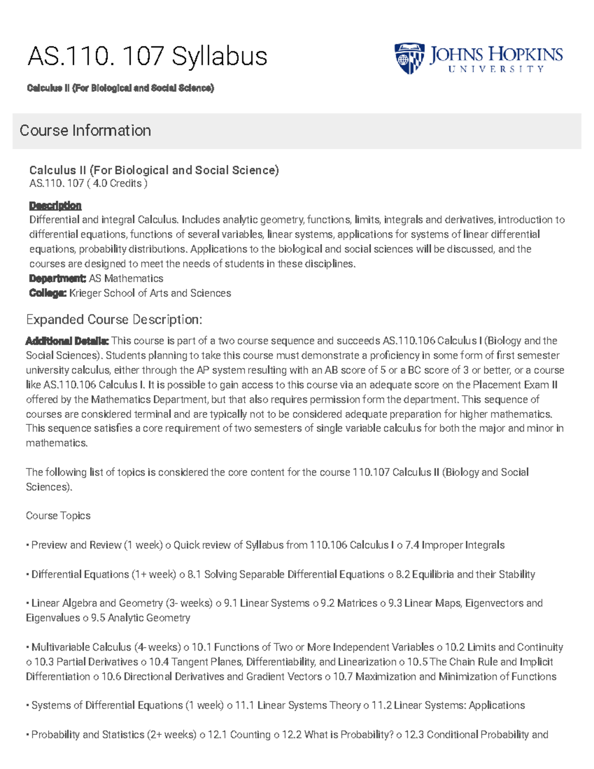 AS.110. 107 Calculus II Syllabus - AS. 107 Syllabus Calculus II (For ...