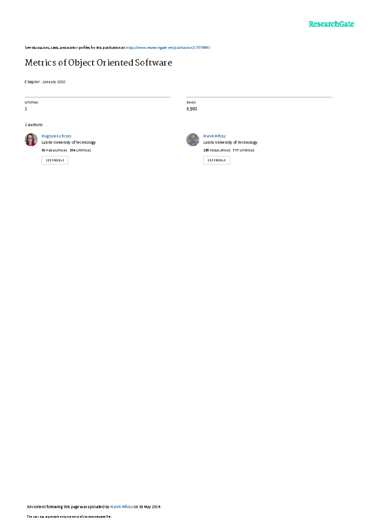 05Metricsof Object Oriented Software - See discussions, stats, and author profiles for this ...