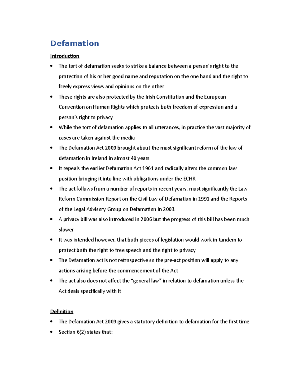 8. Defamation - notes - Defamation Introduction The tort of defamation ...