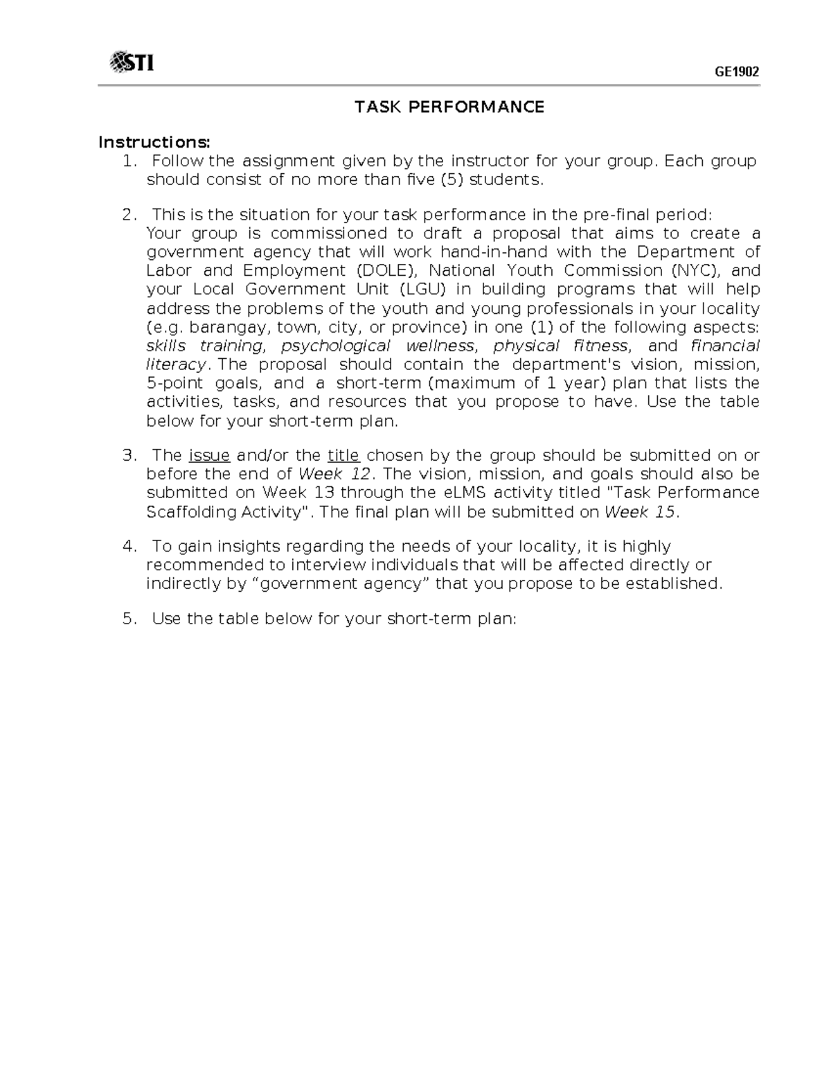 Task performance in the pre-final period - GE TASK PERFORMANCE ...