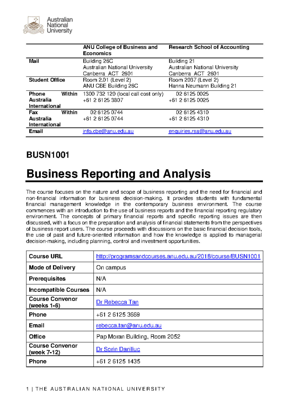 BUSN1001 S1 2018 Course Outline - ANU College of Business and Economics ...