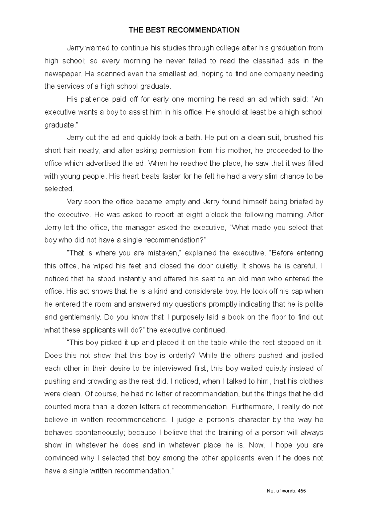 Reading- Material-SHS - THE BEST RECOMMENDATION Jerry wanted to ...