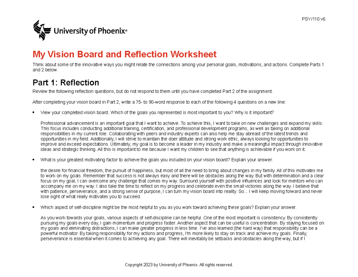 My Vision Board and Reflection Worksheet - Complete Parts 1 and 2 below ...