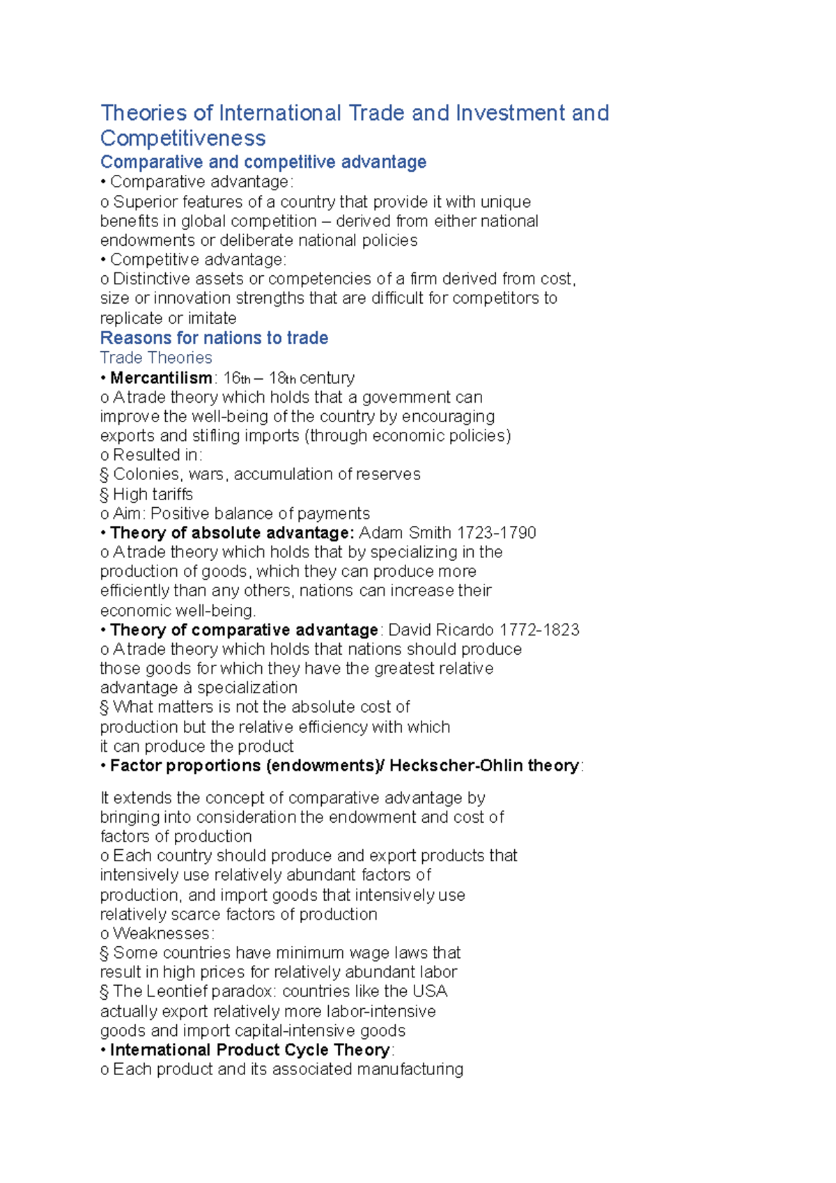 Theories of International Trade and Investment and Competitiveness ...