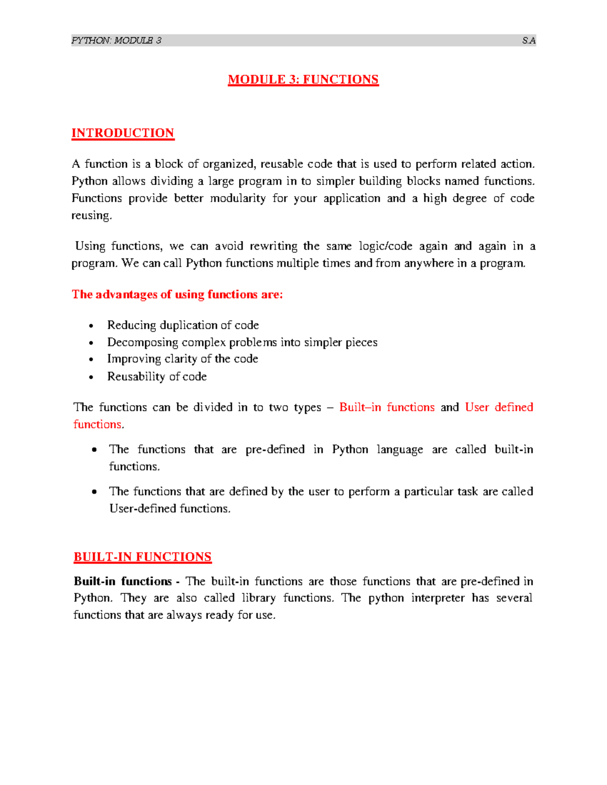 Module 3 - To give you better experience - MODULE 3: FUNCTIONS INTRODUCTION A function is a ...
