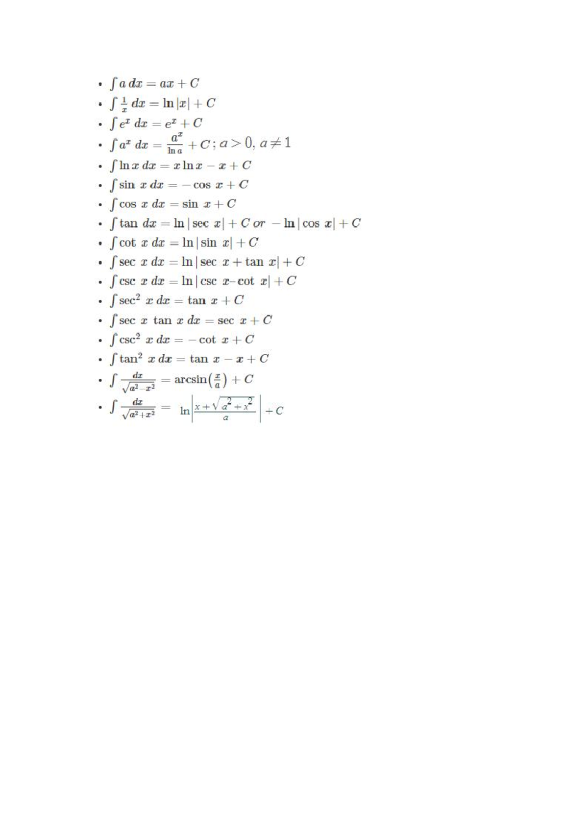 Calculus Formula - msr - Mapeh Health - fsin x dx foose x dx sin C ftan ...