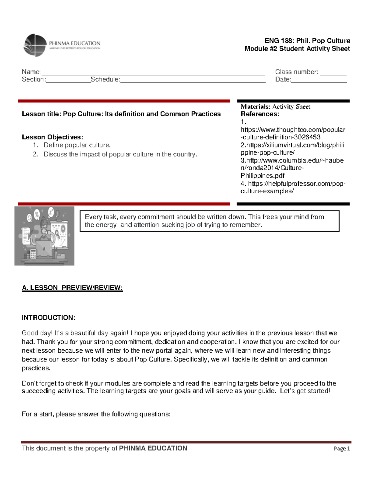 SAS#2 ENG 188 - lecture notes of pop culture - Module #2 Student ...