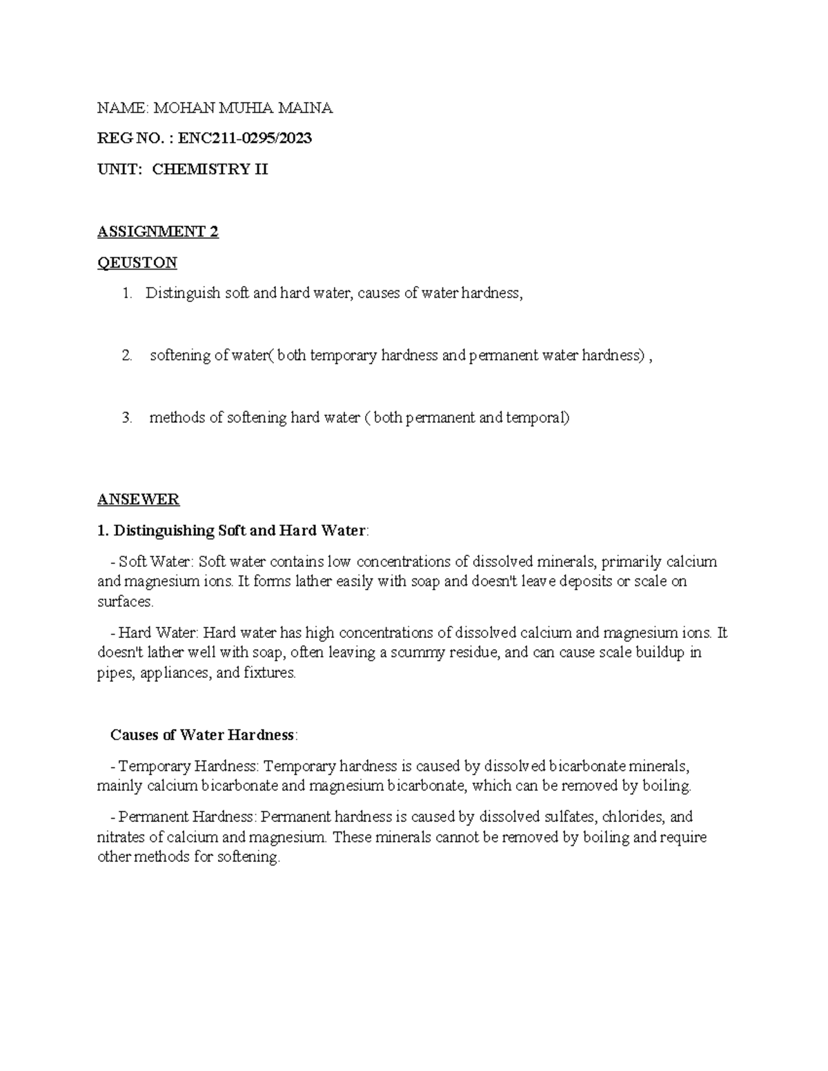CHEM Assignment 2 - NAME: MOHAN MUHIA MAINA REG NO. : ENC211-0295/ UNIT ...