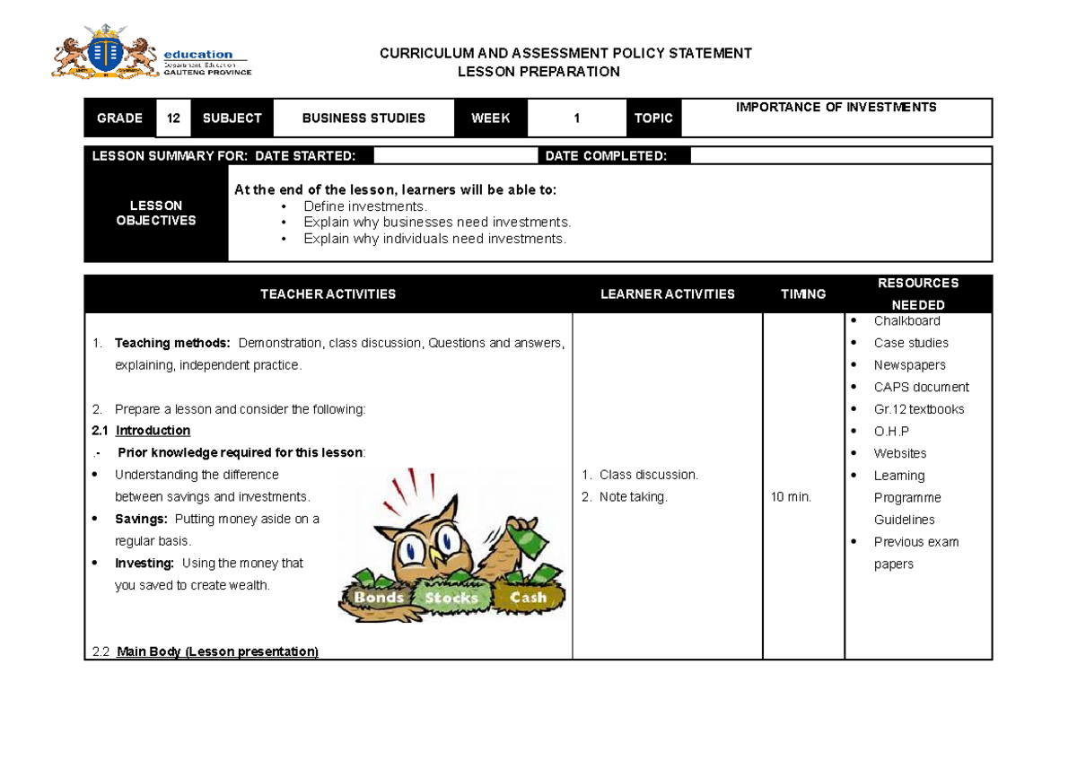 GR12 LP1 - Importance OF Investments in business management - LESSON ...