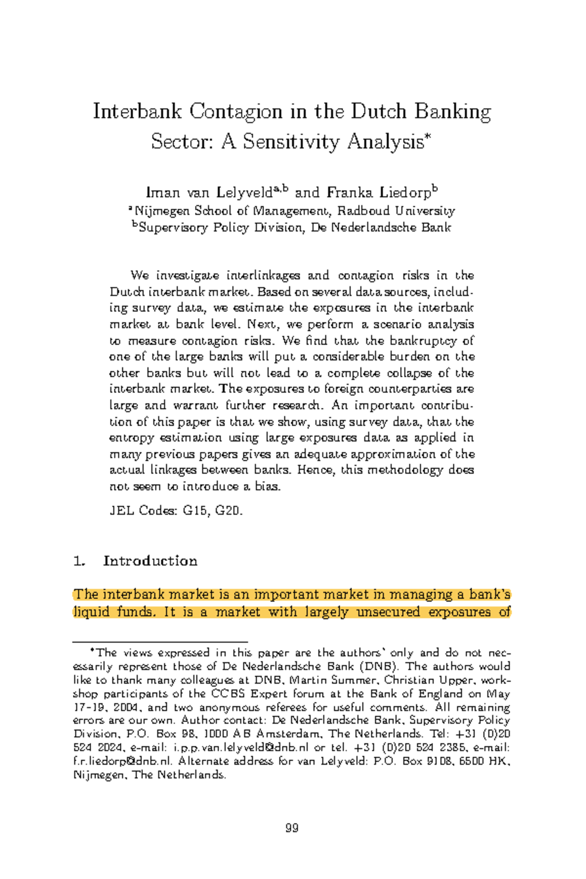 Interbank Contagion in the Dutch Banking Sector- A Sensitivity Analysis ...
