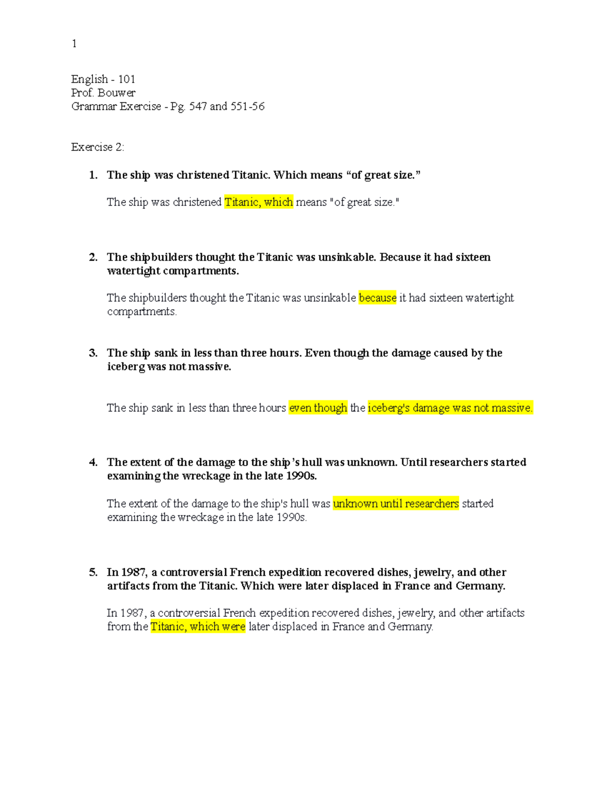 Grammar - Final DOC - English - 101 Prof. Bouwer Grammar Exercise - Pg ...