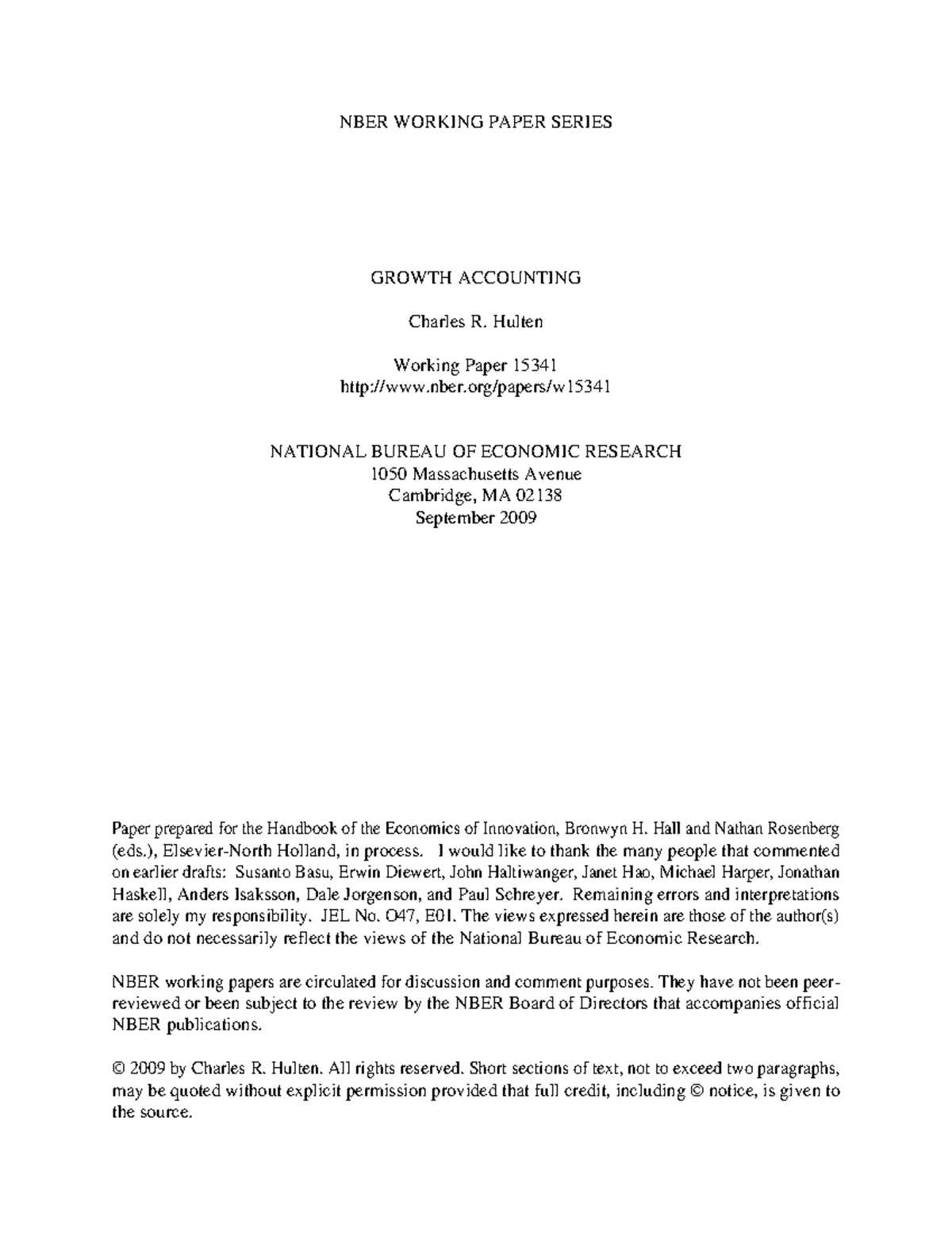 W15341 - LECTURE NOTE - NBER WORKING PAPER SERIES GROWTH ACCOUNTING ...