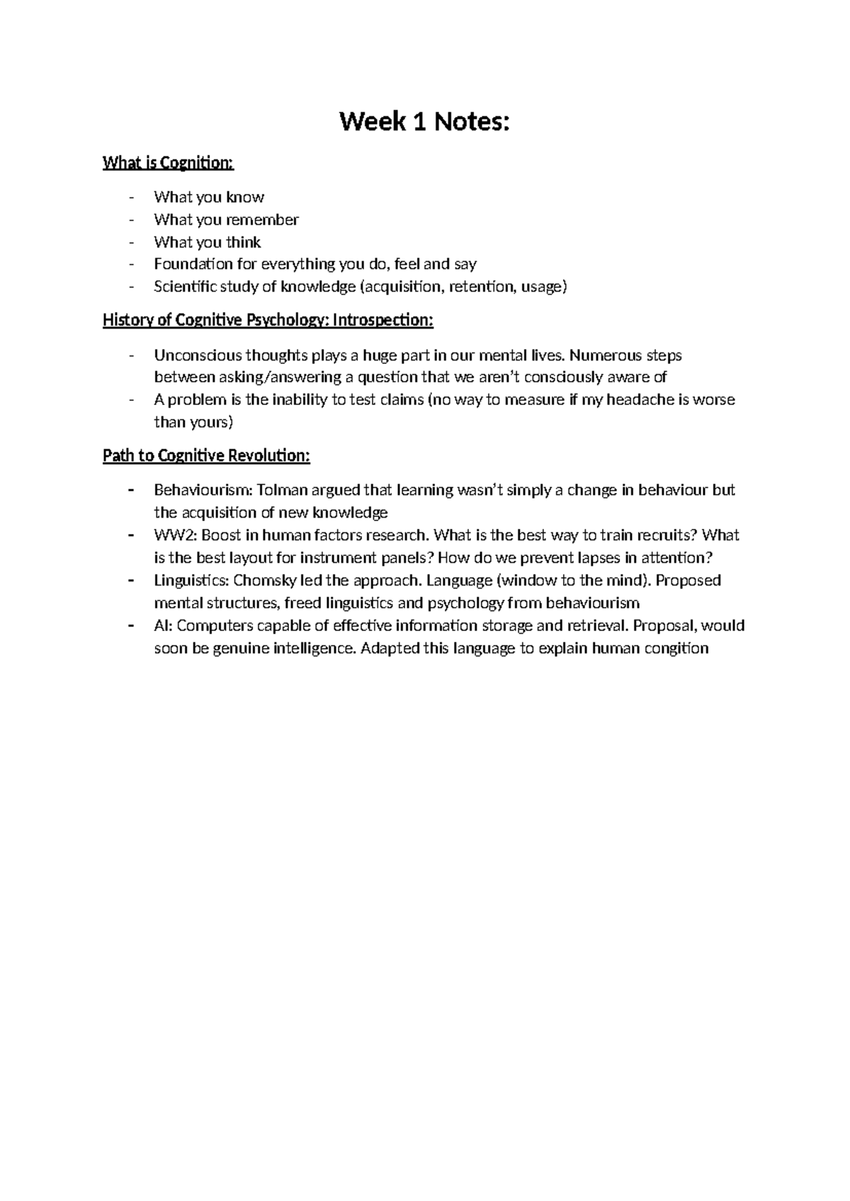 Week 1 Lecture Notes - Week 1 Notes: What is Cognition: - What you know ...