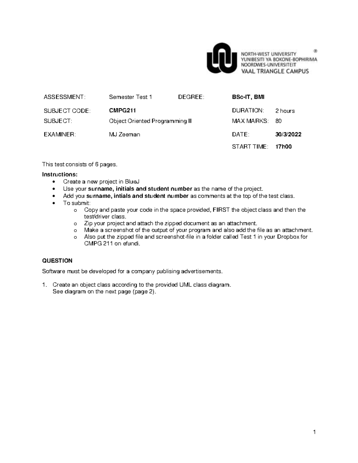 Cmpg 211 Sem Test 1 Eng Test 1 Questions Assessment Semester Test 1 Degree Bsc It Bmi