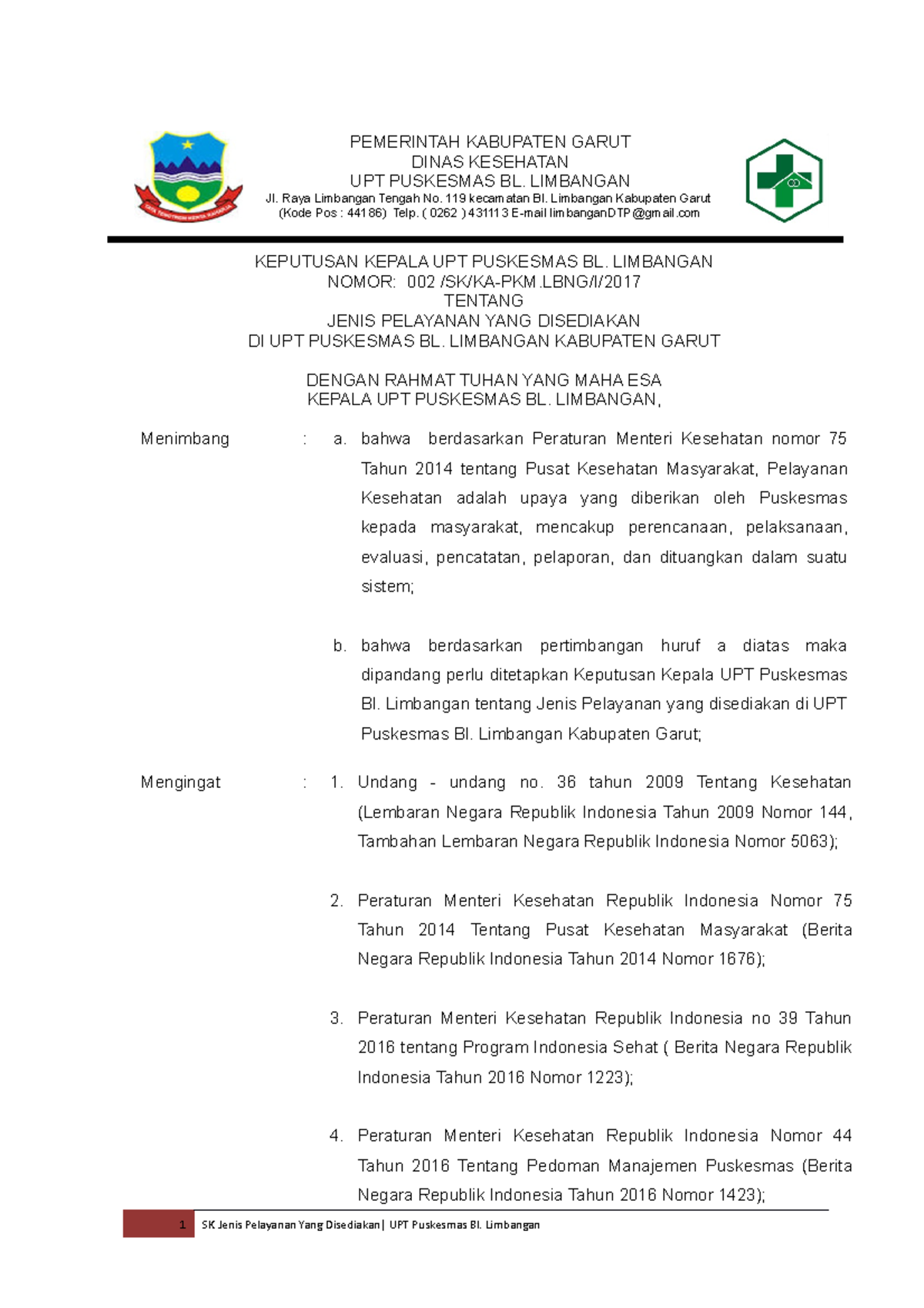 Contoh SK - Surat Keputusan Pelayanan UKM - PEMERINTAH KABUPATEN GARUT ...