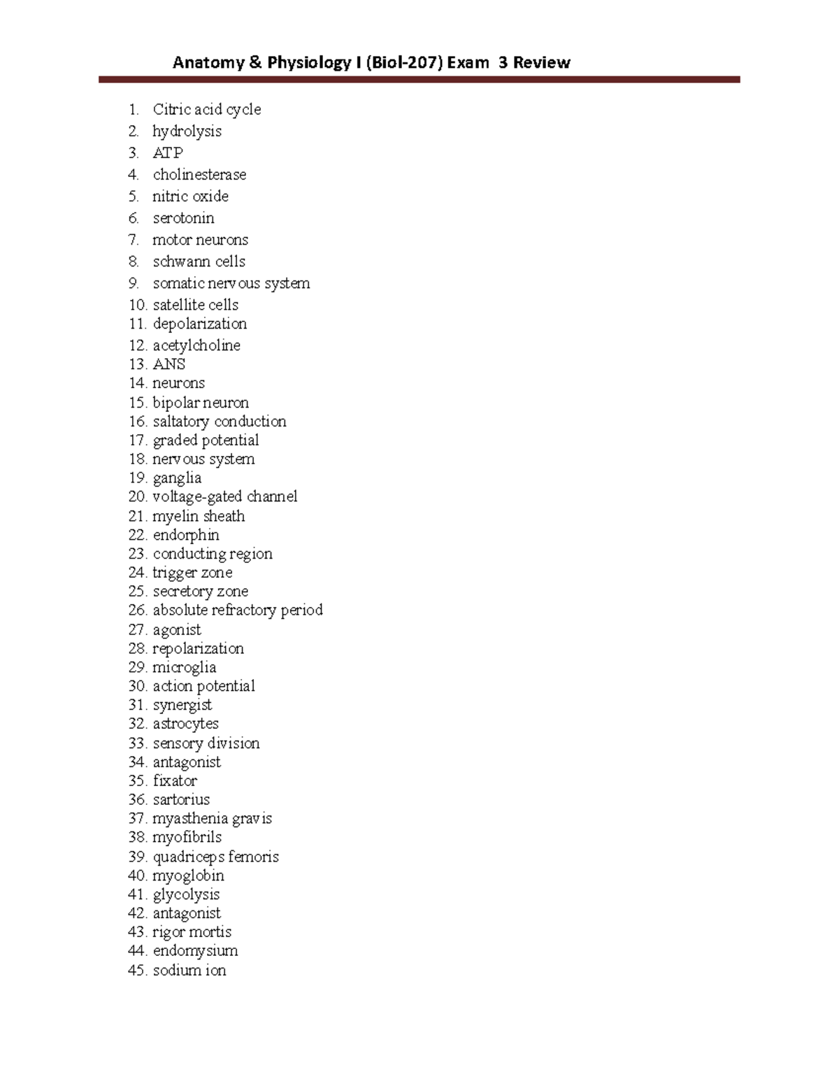 Exam #3 BIOL 207 Fall 2018 review sheet - Anatomy & Physiology I (Biol-207) Exam 3 Review Citric ...