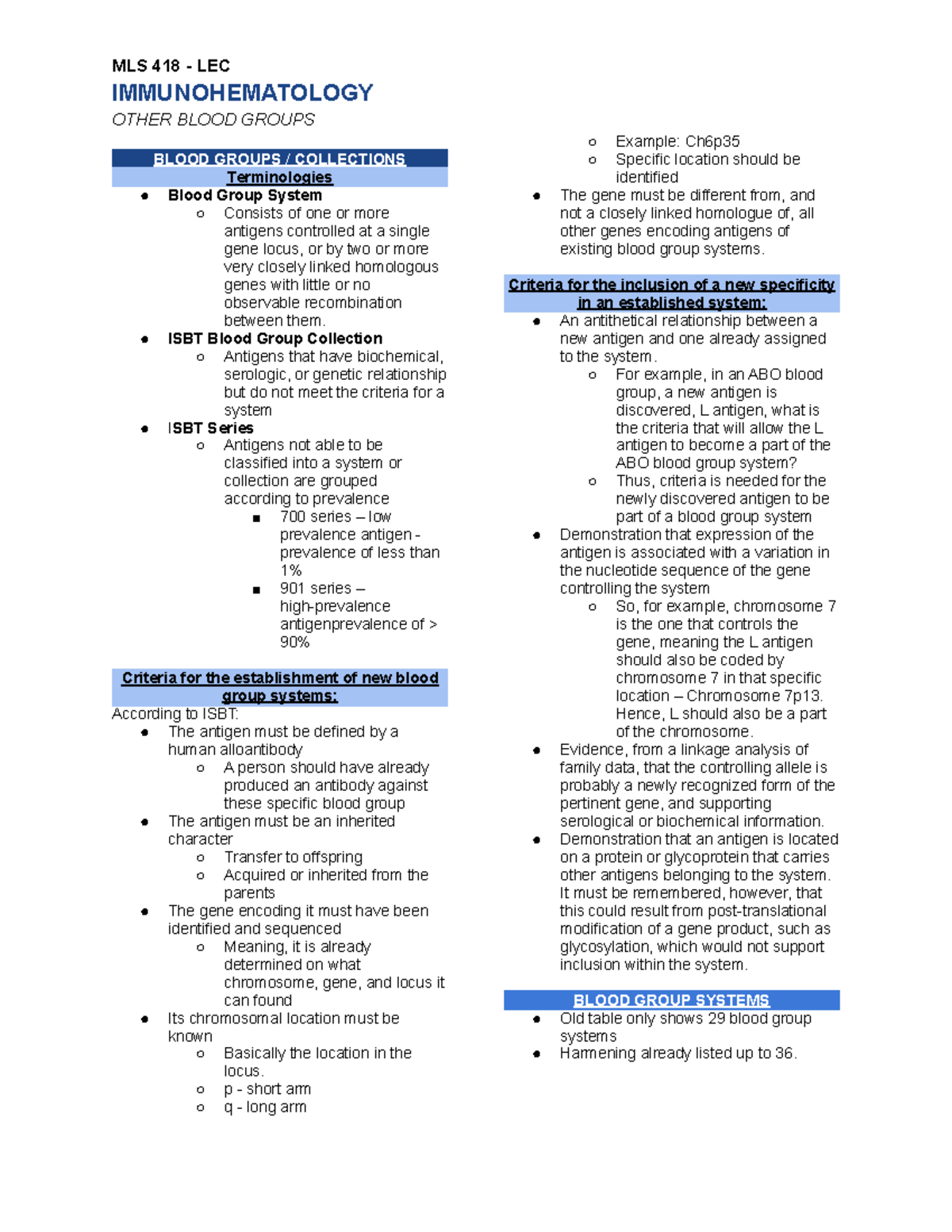 Ihbblec M4 - Nursing notes - MLS 418 - LEC IMMUNOHEMATOLOGY OTHER BLOOD ...