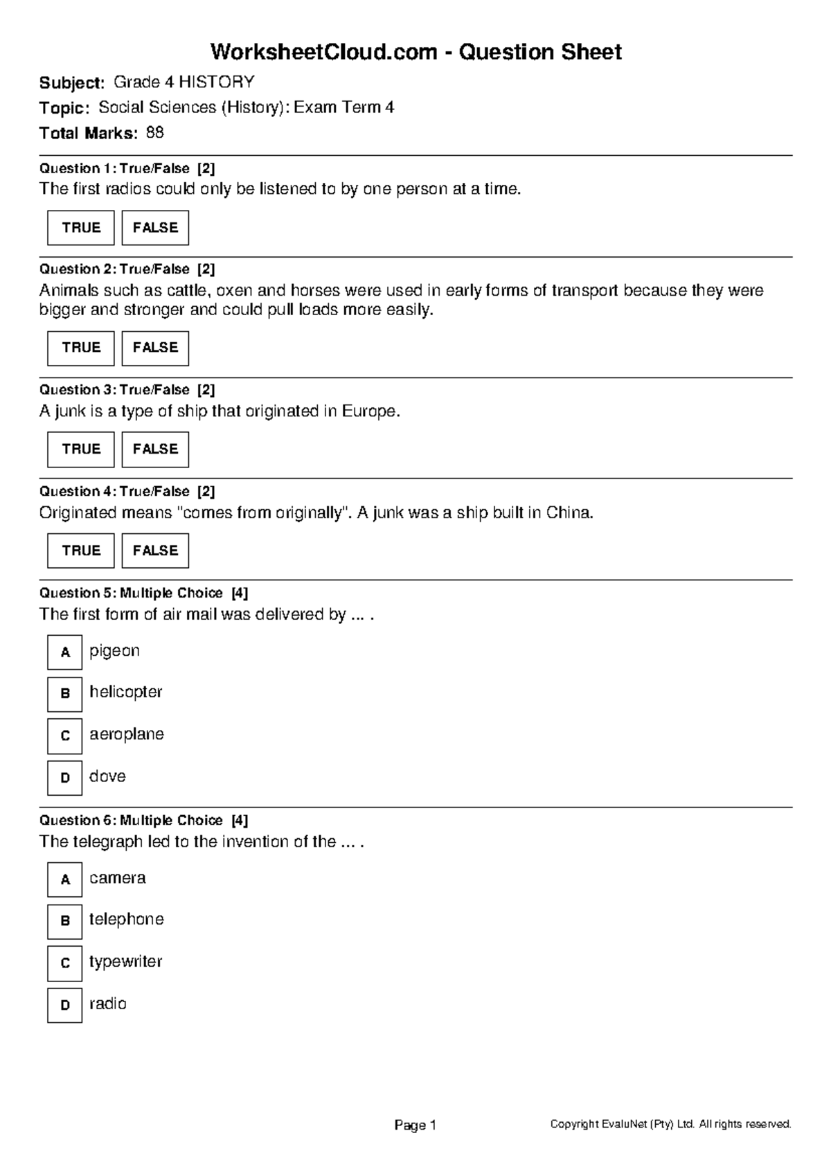 G4 history term 4 exam - prac - WorksheetCloud - Question Sheet Topic: Social Sciences (History ...