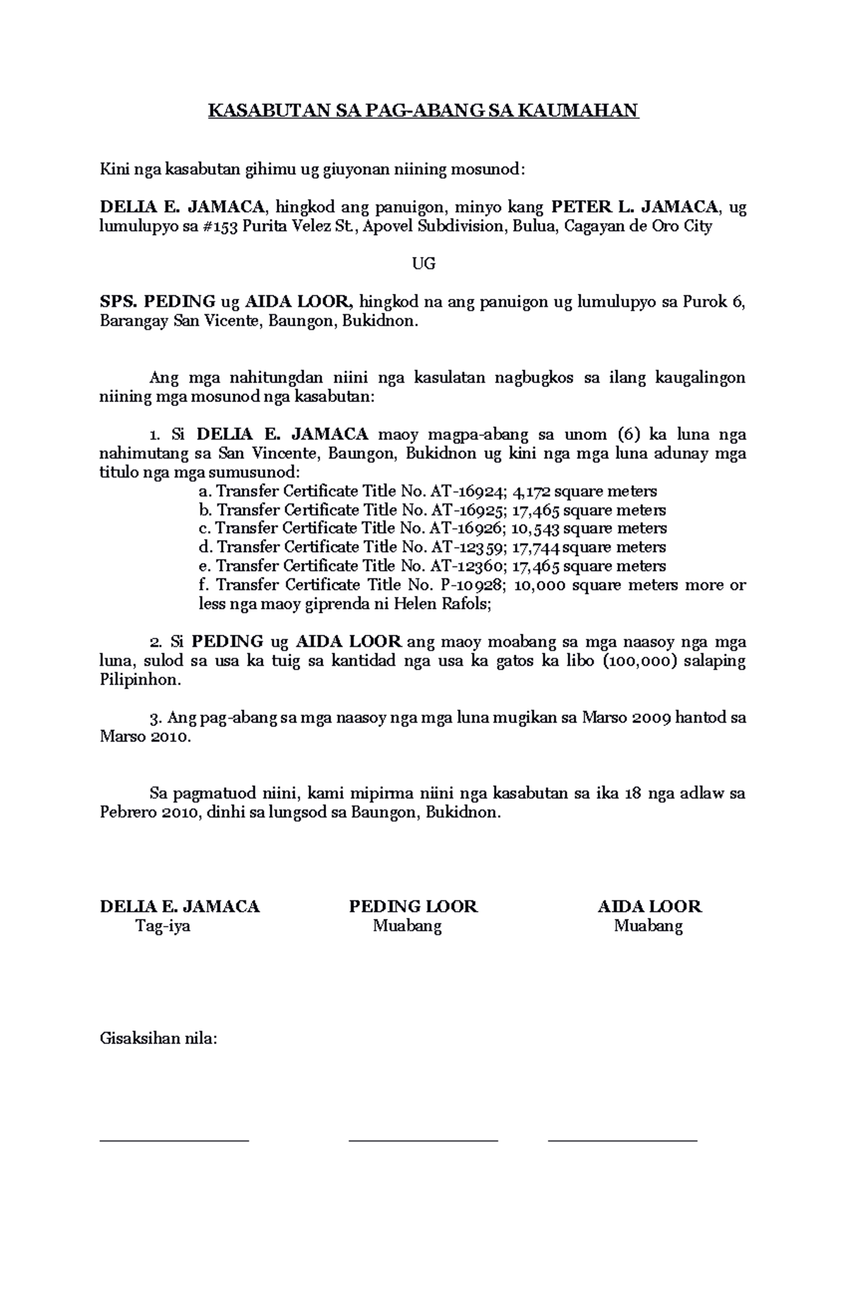 153716565- Kasabutan - KASABUTAN SA PAG-ABANG SA KAUMAHAN Kini nga kasabutan gihimu ug giuyonan ...